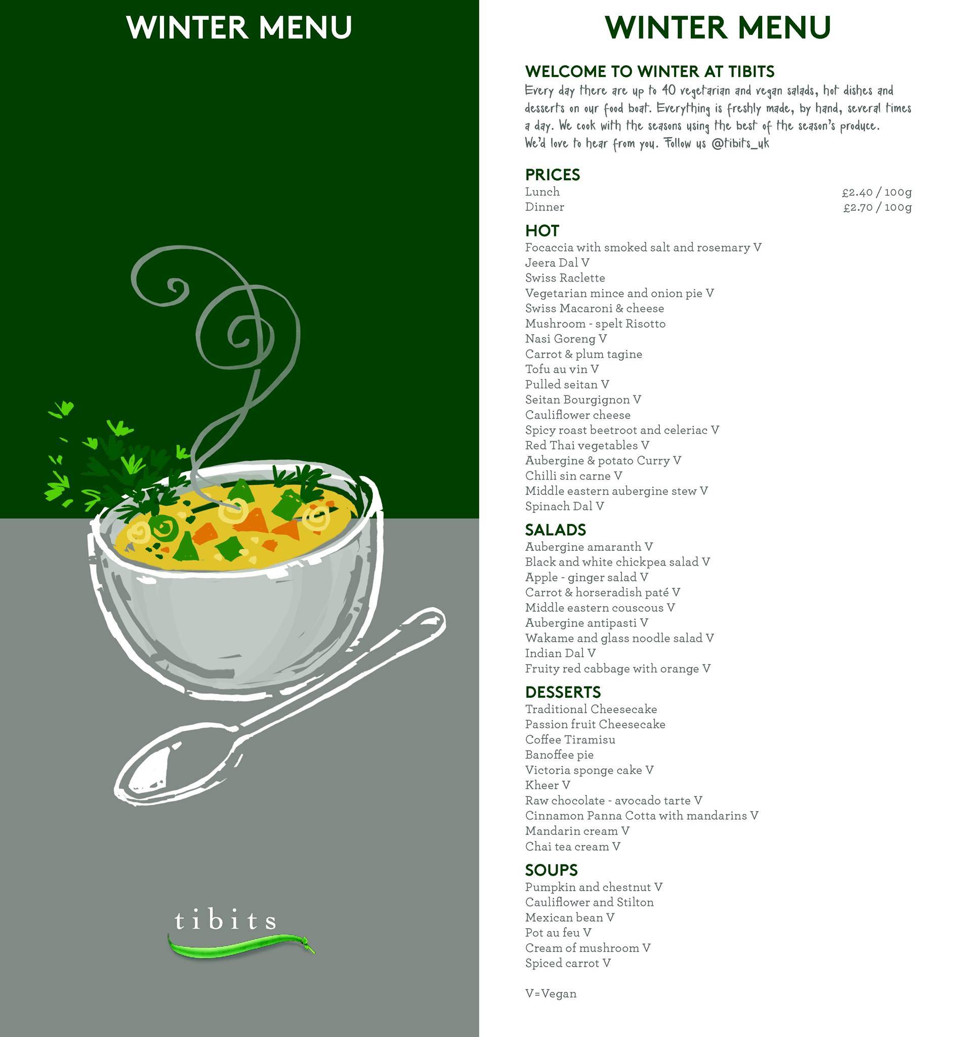 Menu at tibits restaurant, London, 12-14 Heddon St
