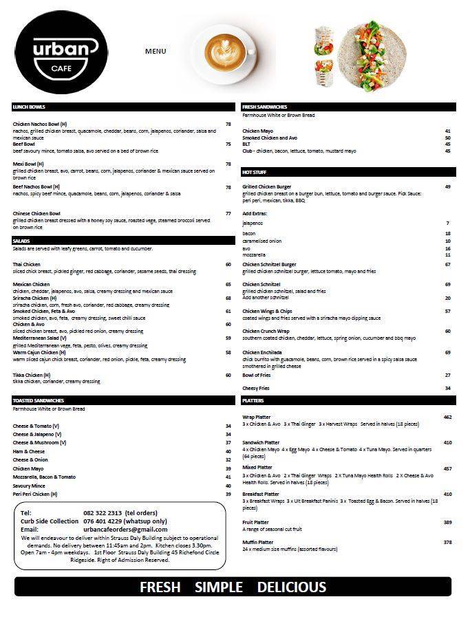 Menu at urban CAFE, Durban, 1st Floor