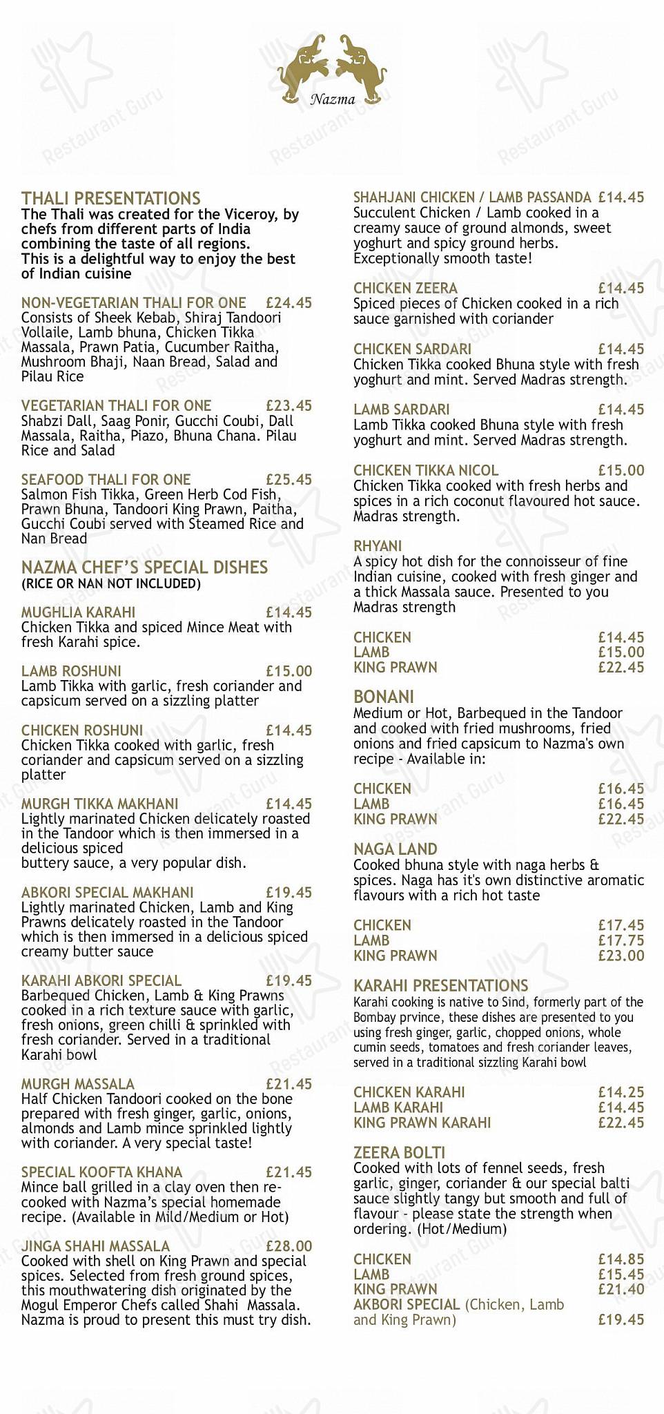 Menu at Nazma Tandoori Restaurant, Aberdeen, 62 Bridge St