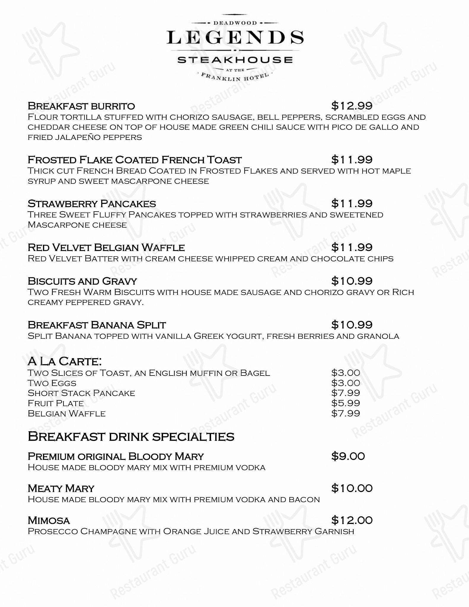 Menu at Legends Steakhouse, Deadwood