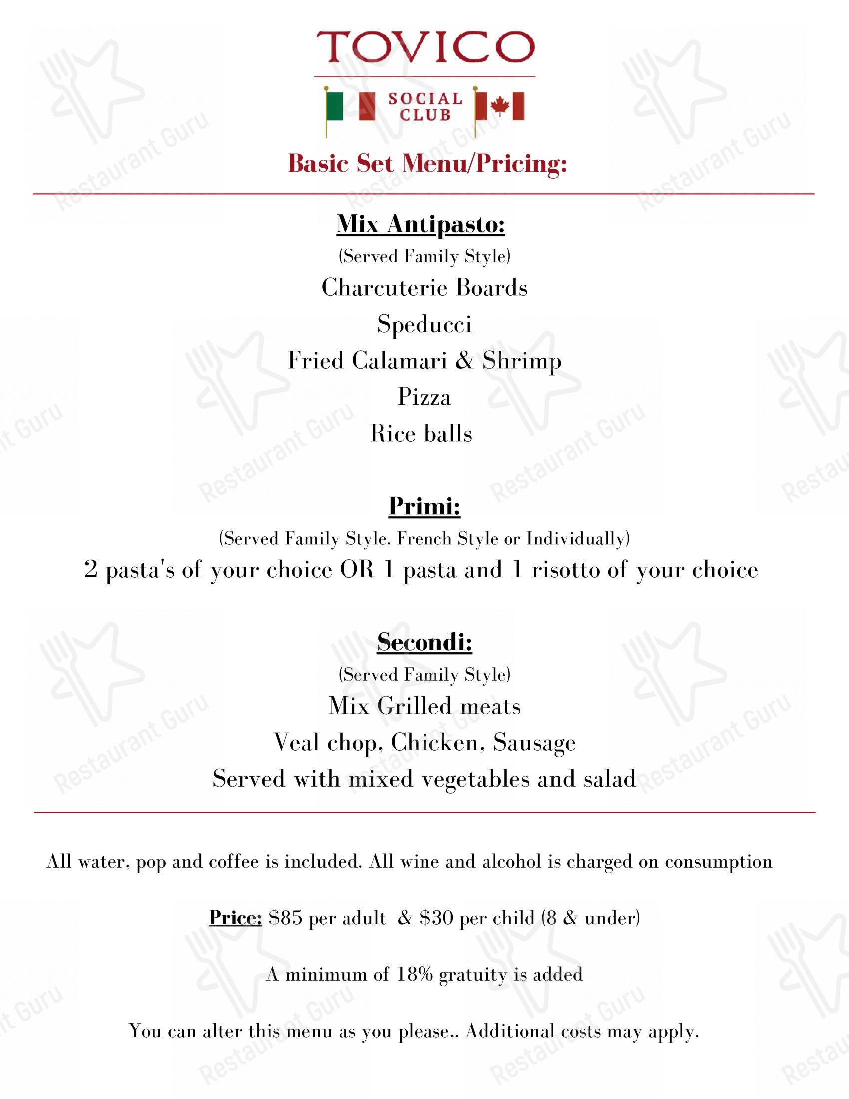 Menu at Tovico Social Club, Vaughan