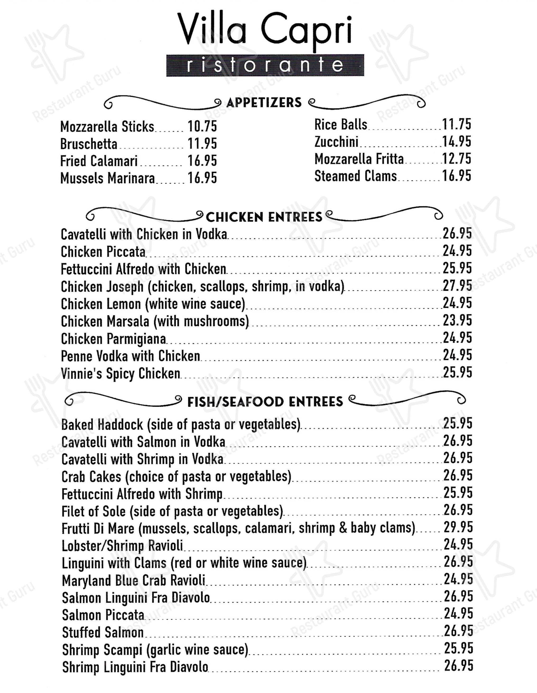 Menu at Villa Capri restaurant, Altoona