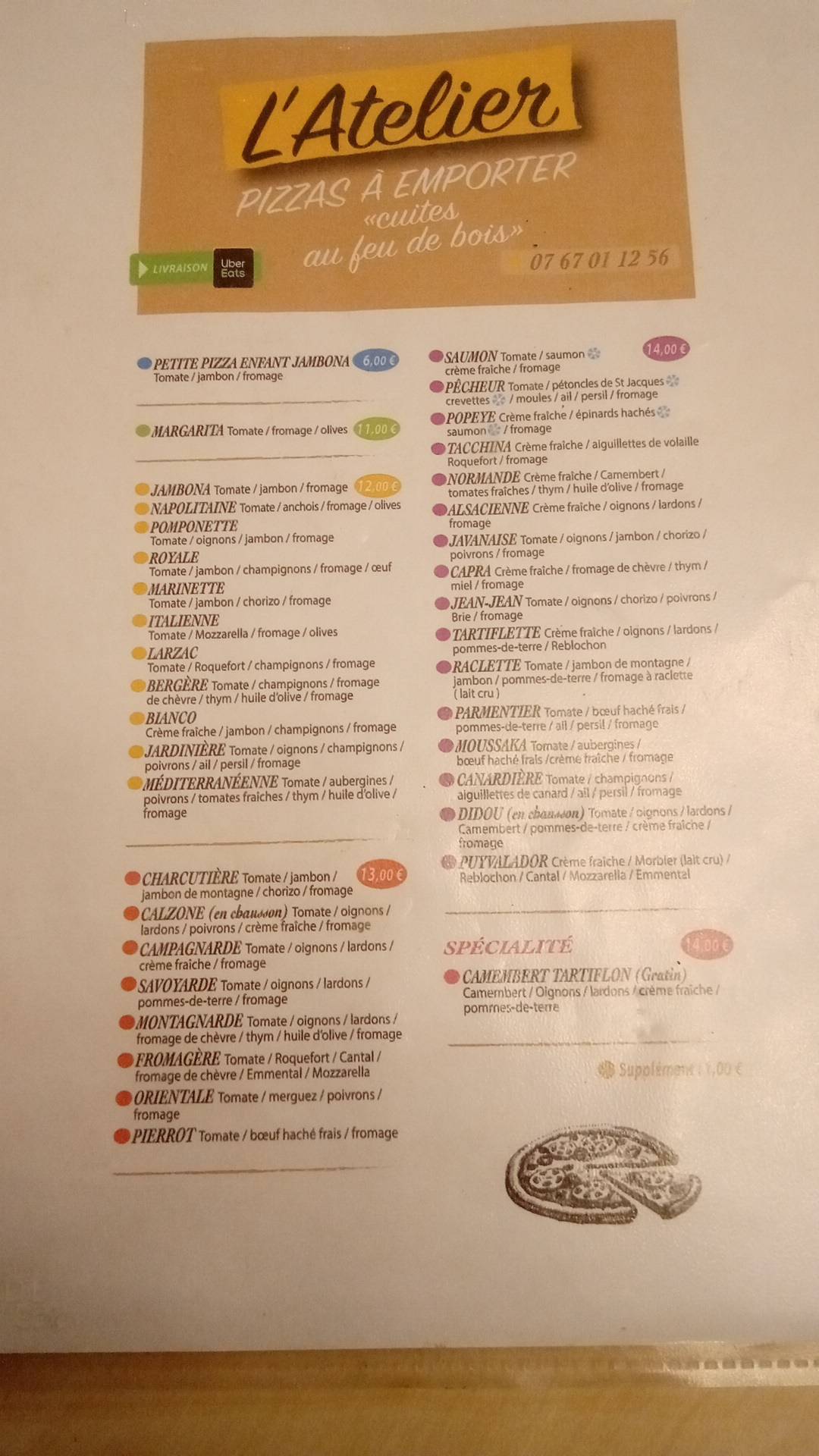 Menu au pizzeria l'atelier, Carcassonne, 15 All. d'Iéna