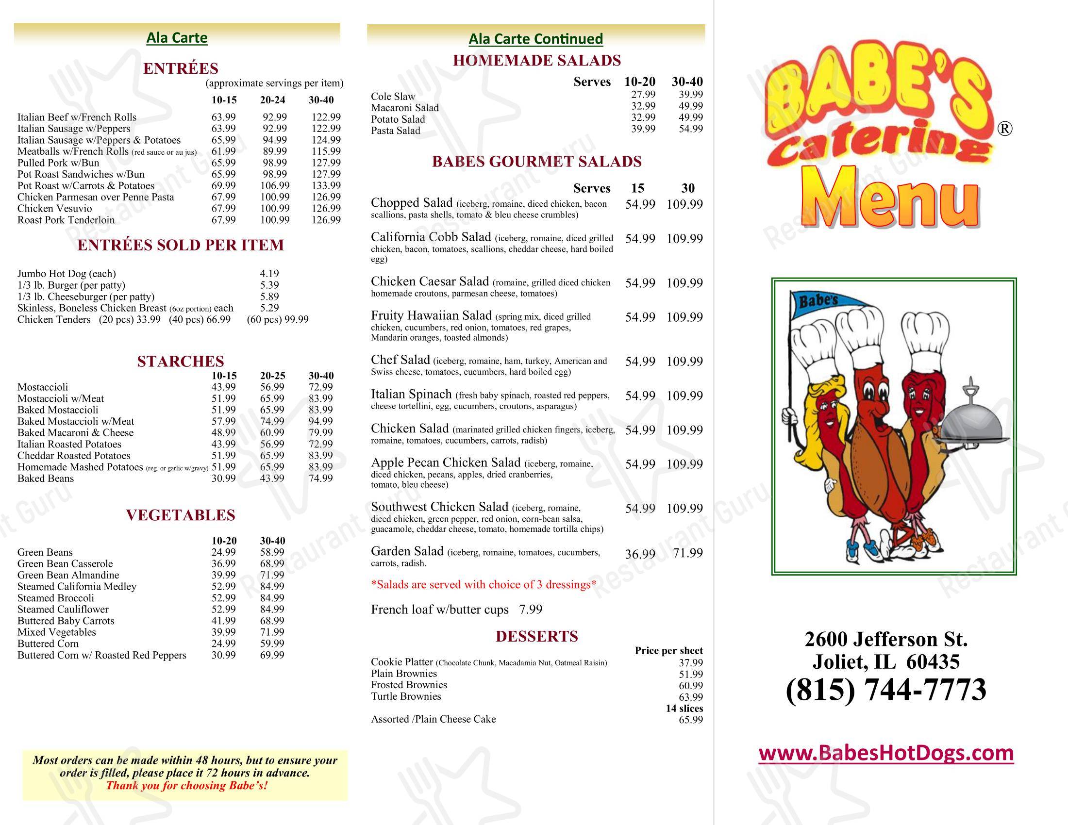 Menu at Babe's restaurant, Joliet, W Jefferson St