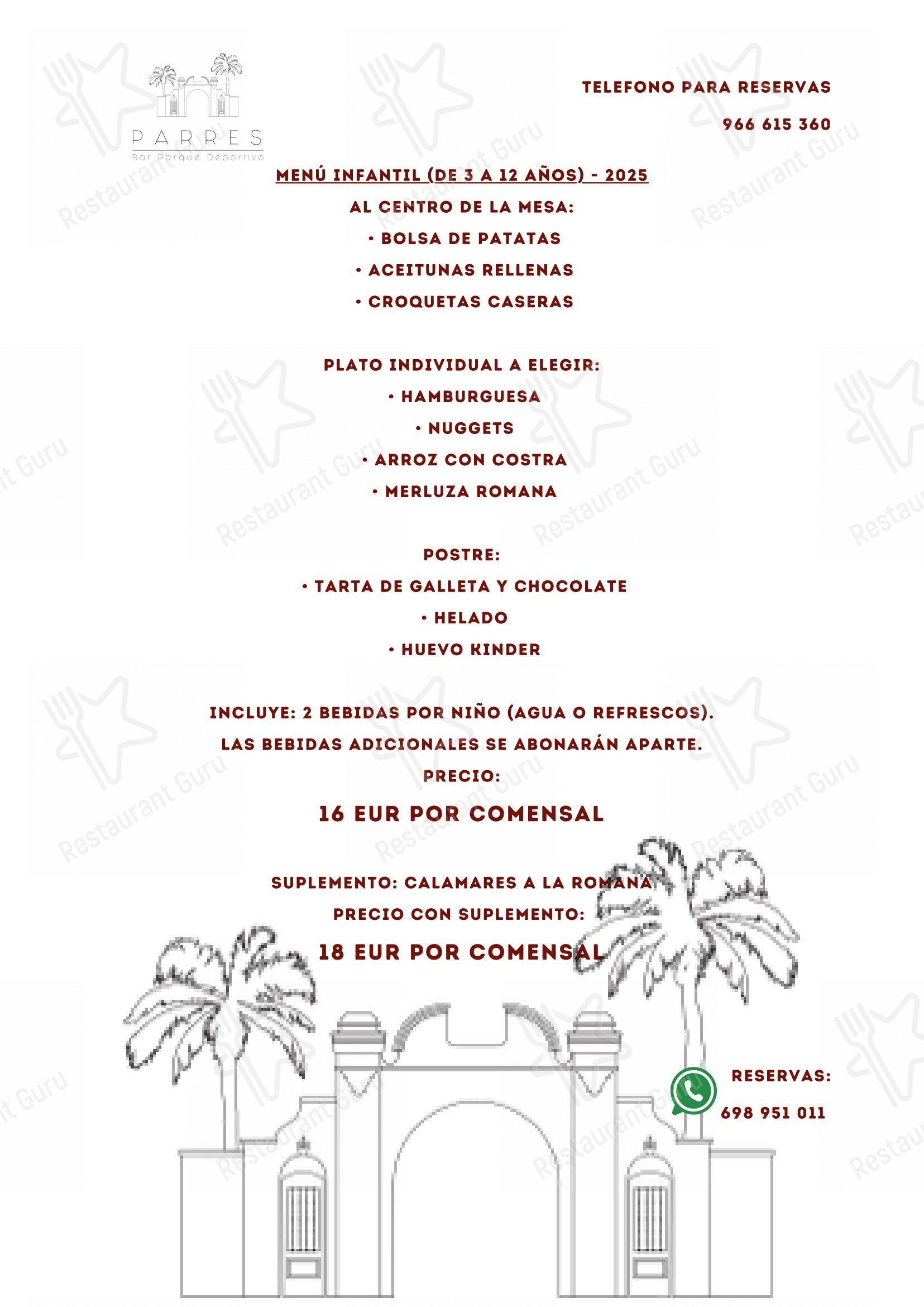 Carta de Bar Restaurante Parres Parque Deportivo Elche, Elche