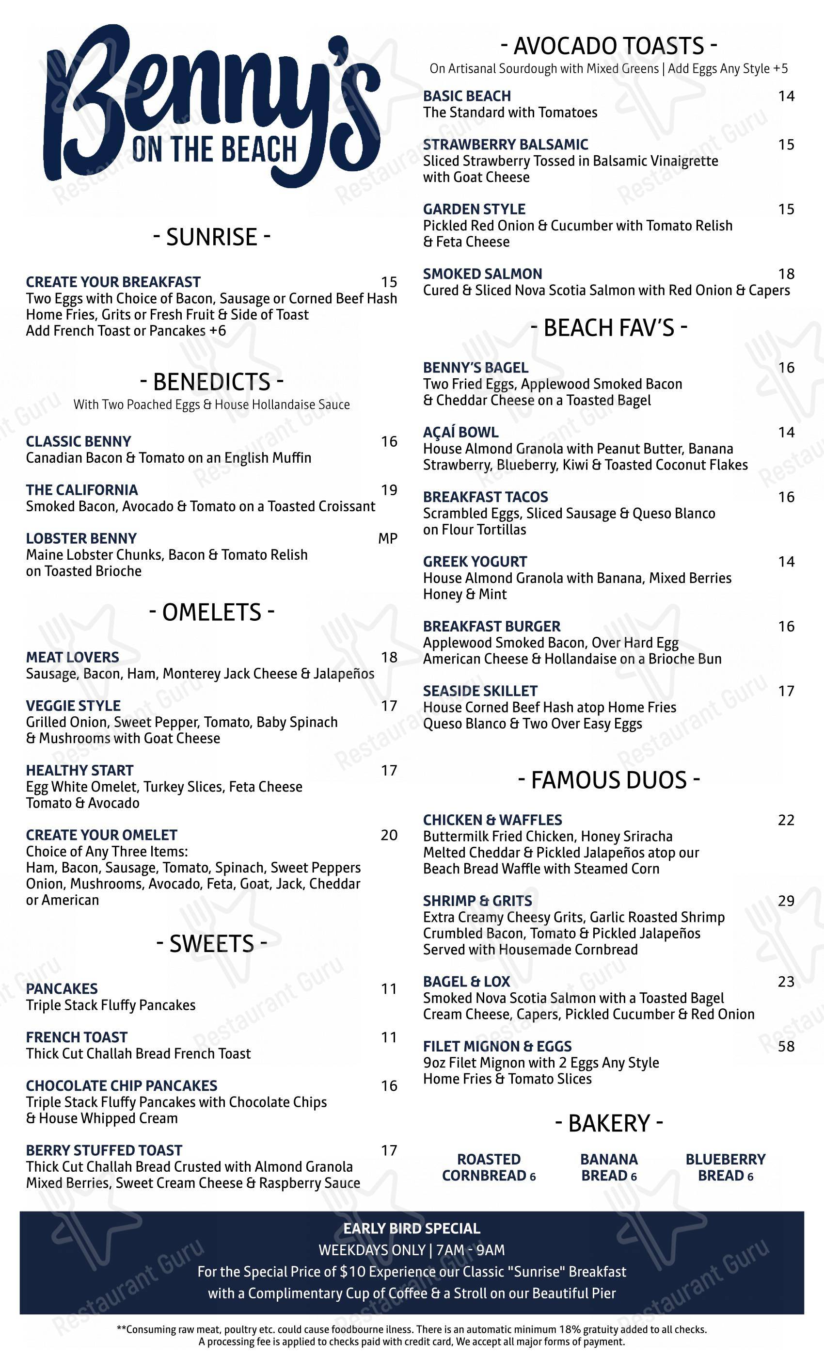 Menu at Benny's On The Beach - Pier pub & bar, Lake Worth