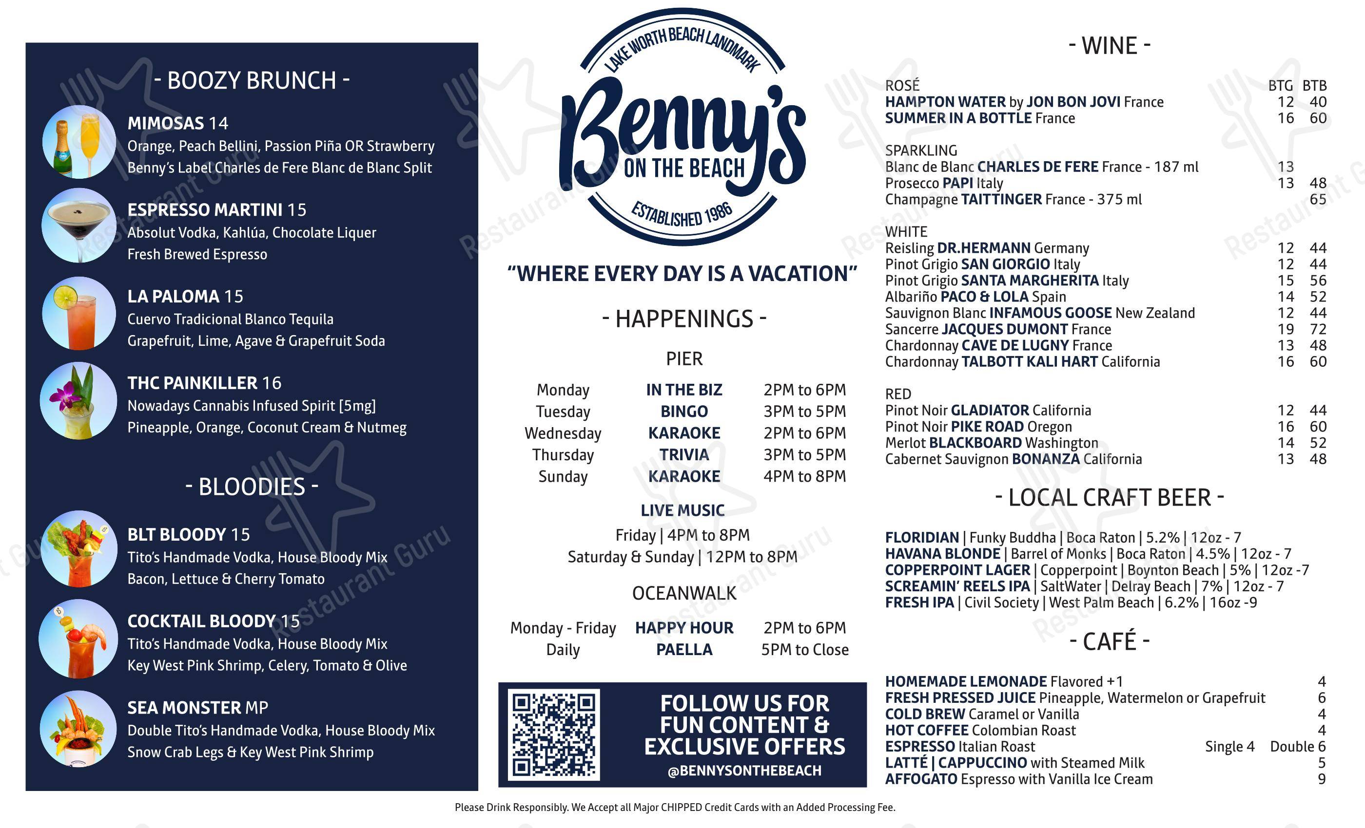 Menu at Benny's On The Beach - Pier pub & bar, Lake Worth