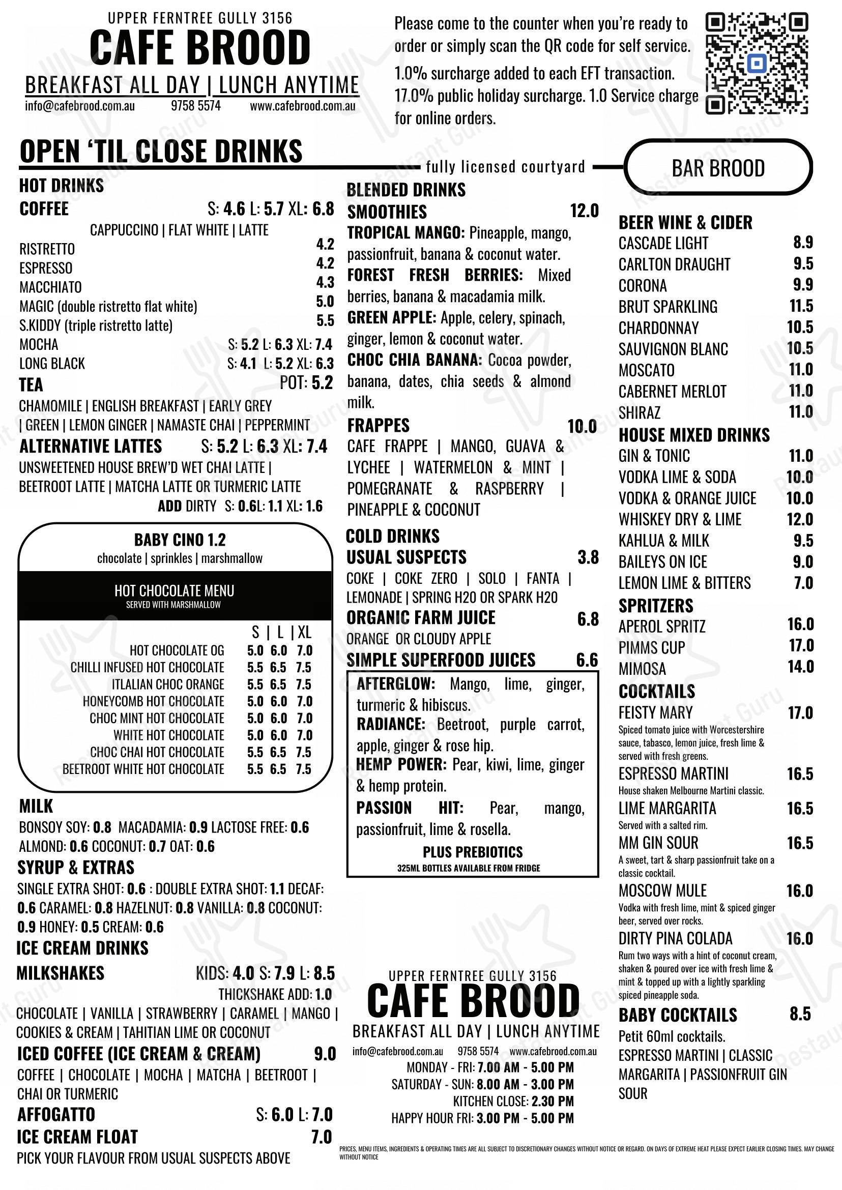 Menu at Cafe Brood, Upper Ferntree Gully