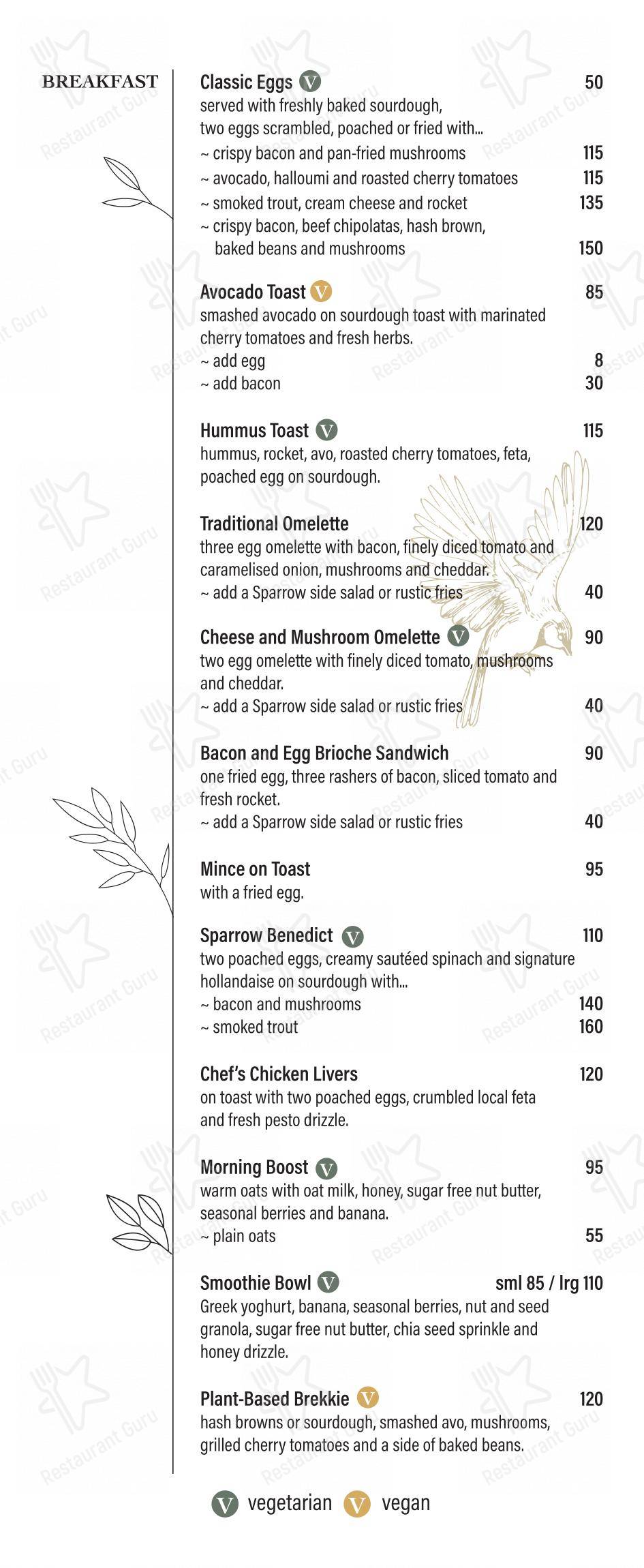 Menu at Café Sparrow restaurant, Outer West Durban