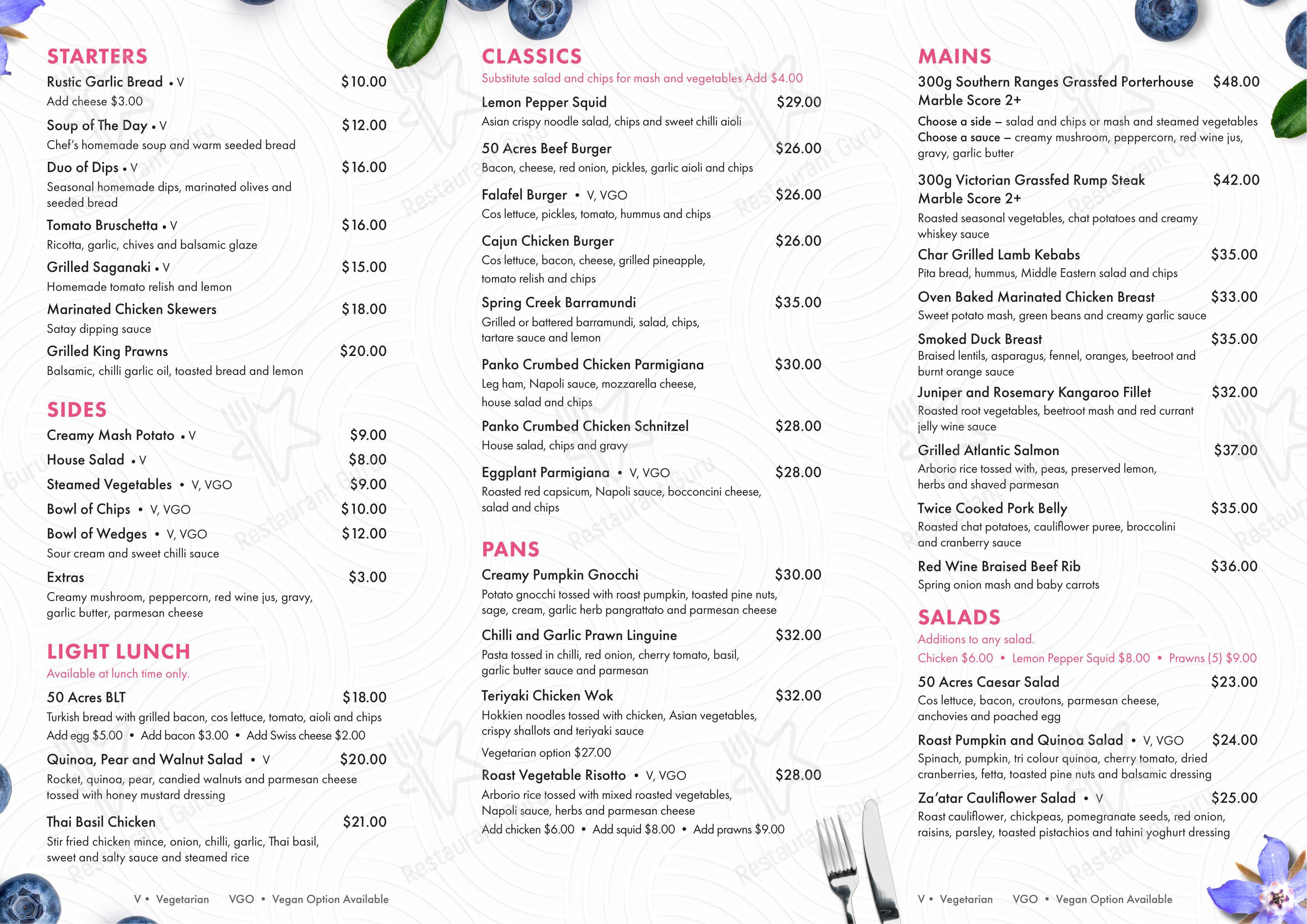 Menu at Cheltenham Moorabbin RSL club, Cheltenham
