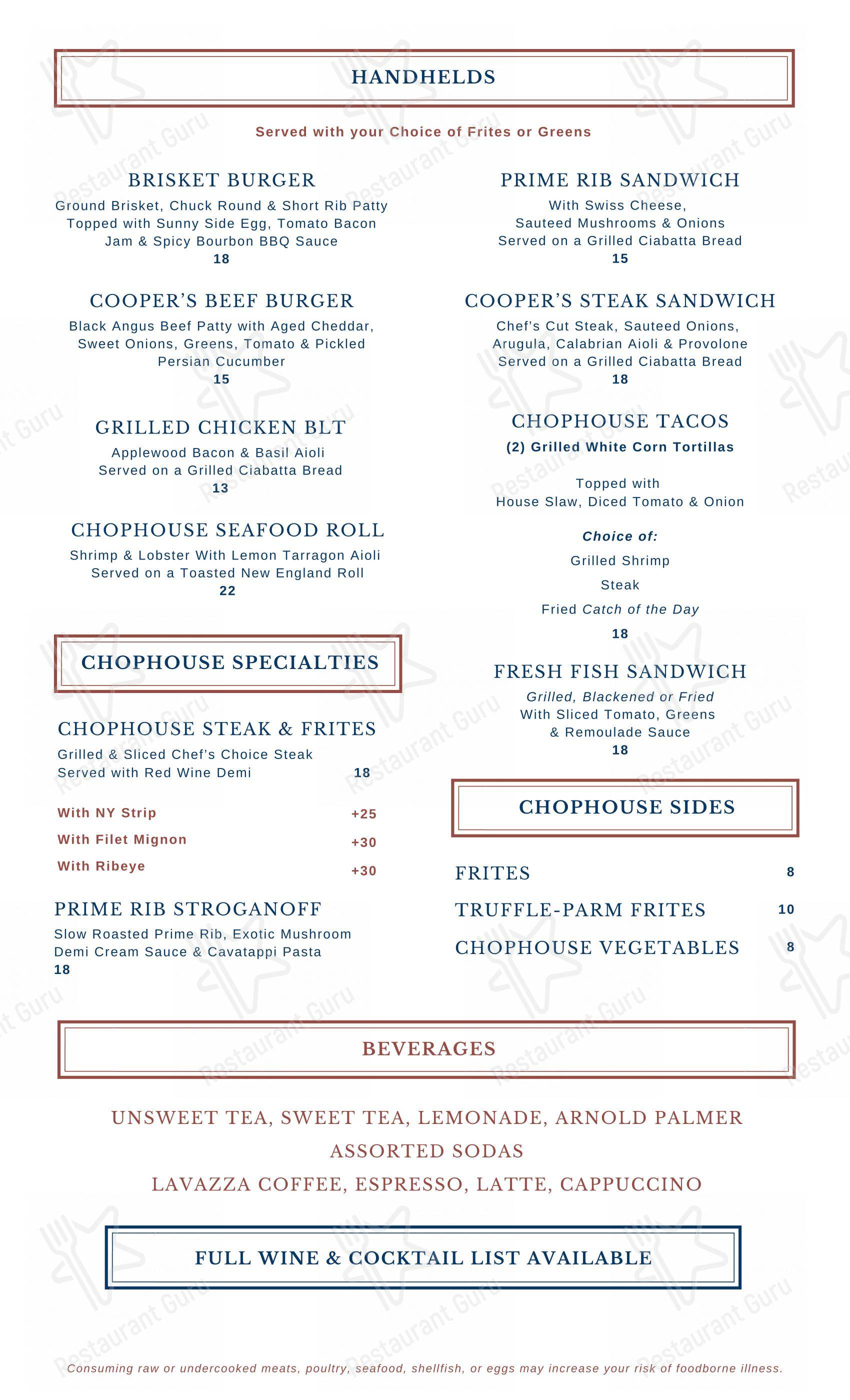 Menu at Cooper's Chop House & Seafood steakhouse, Vero Beach