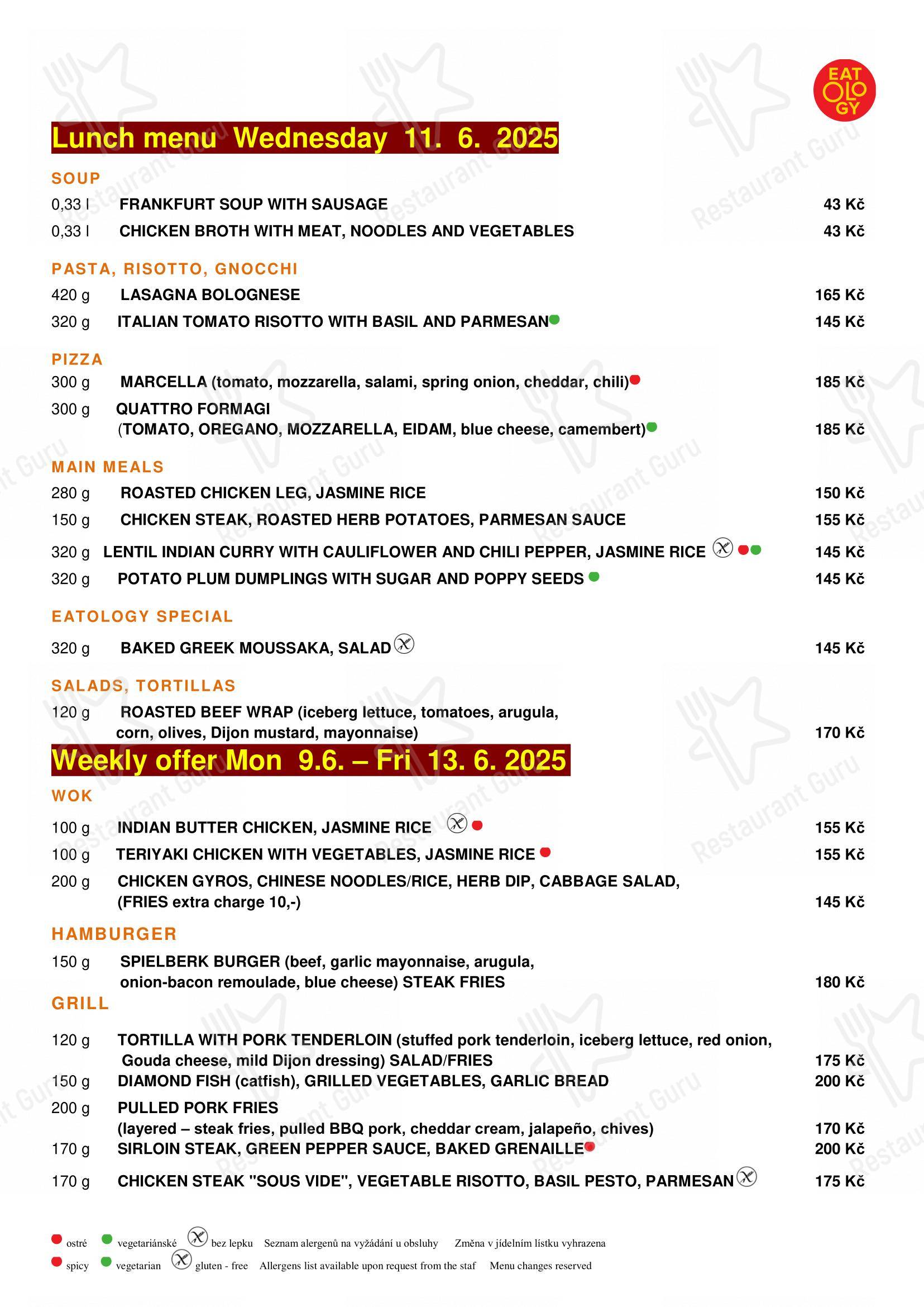 Menu at Eatology restaurant, Brno