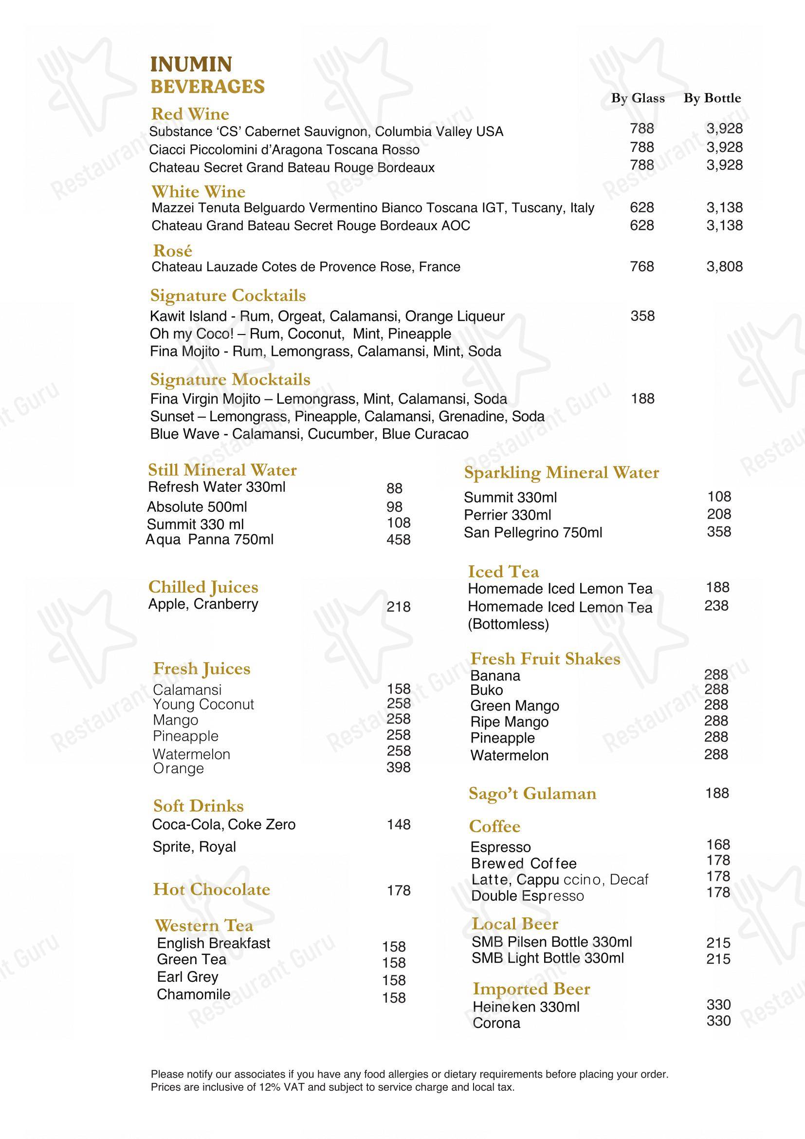 Menu at Fina restaurant, Cebu City
