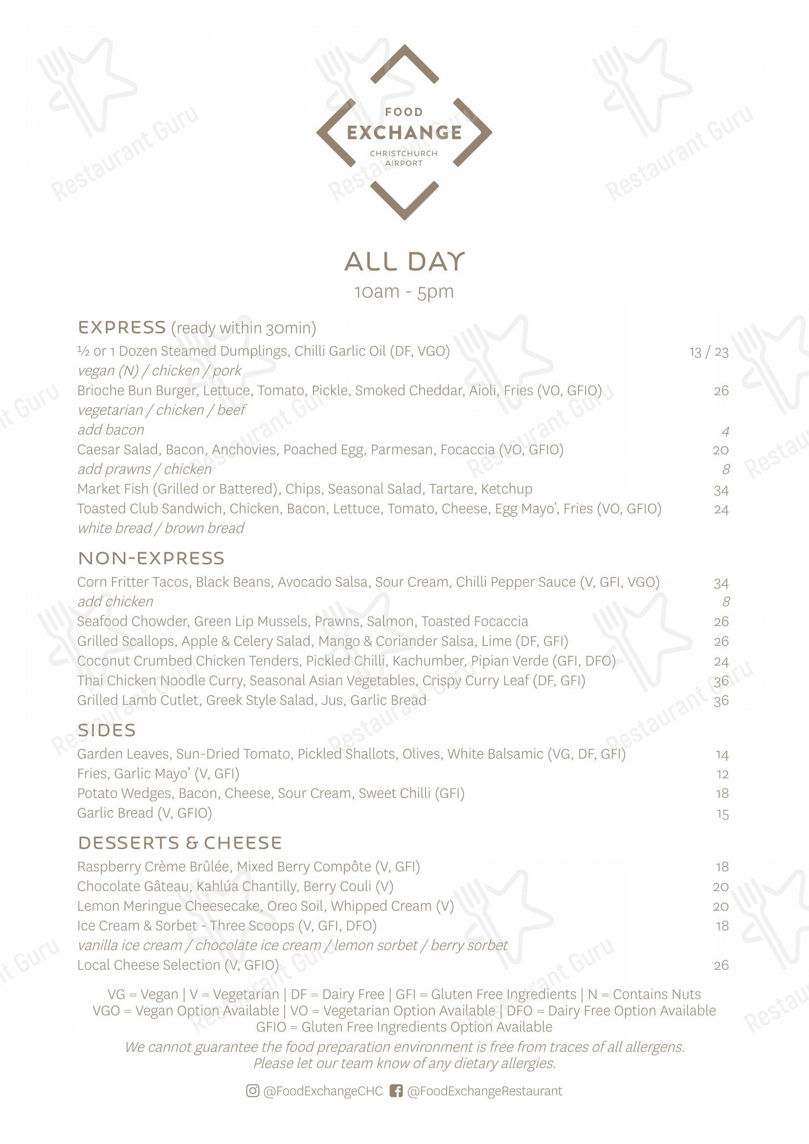 Menu at Food Exchange restaurant, Christchurch