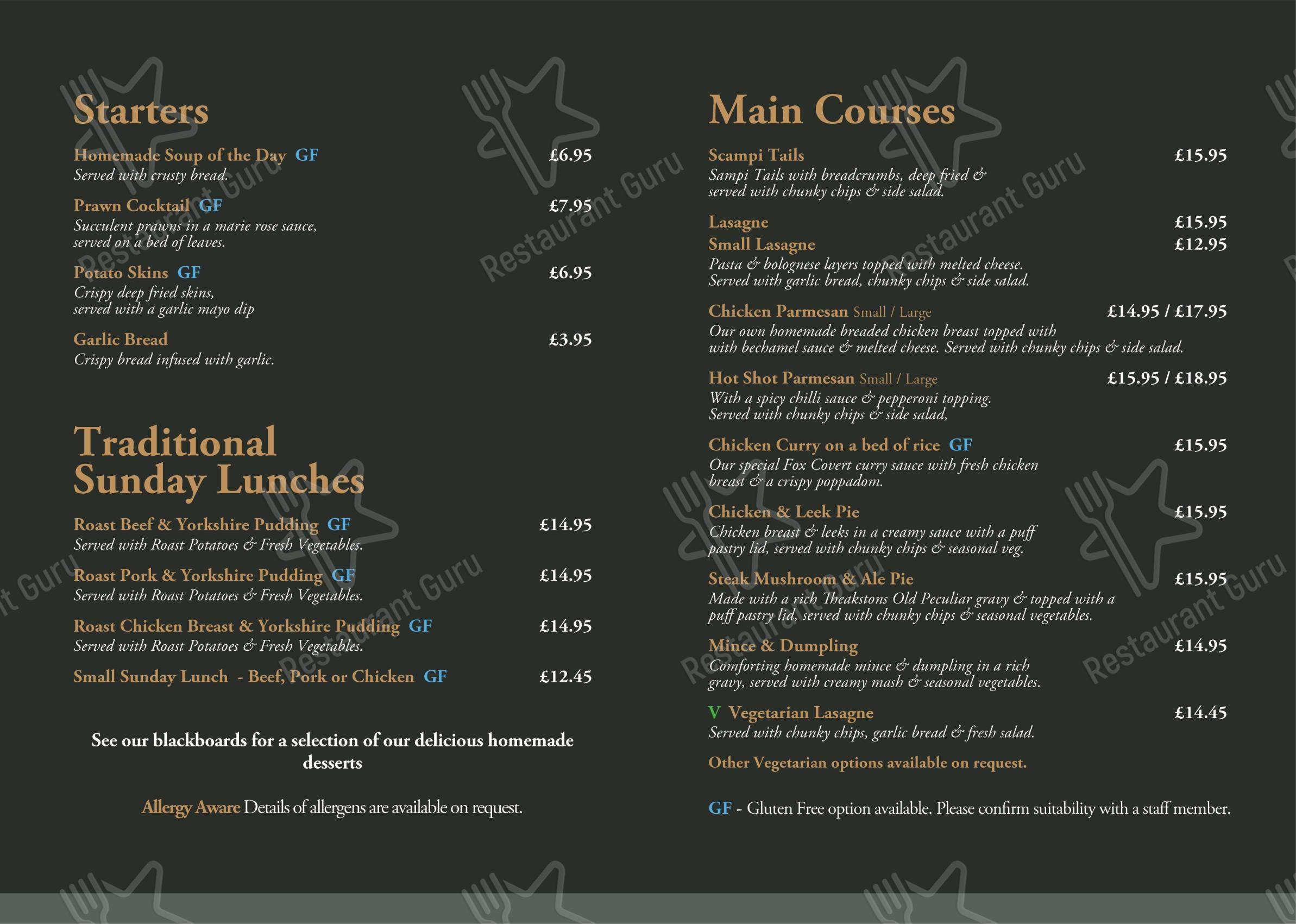 Menu at Fox Covert Inn pub & bar, Yarm, Low Ln