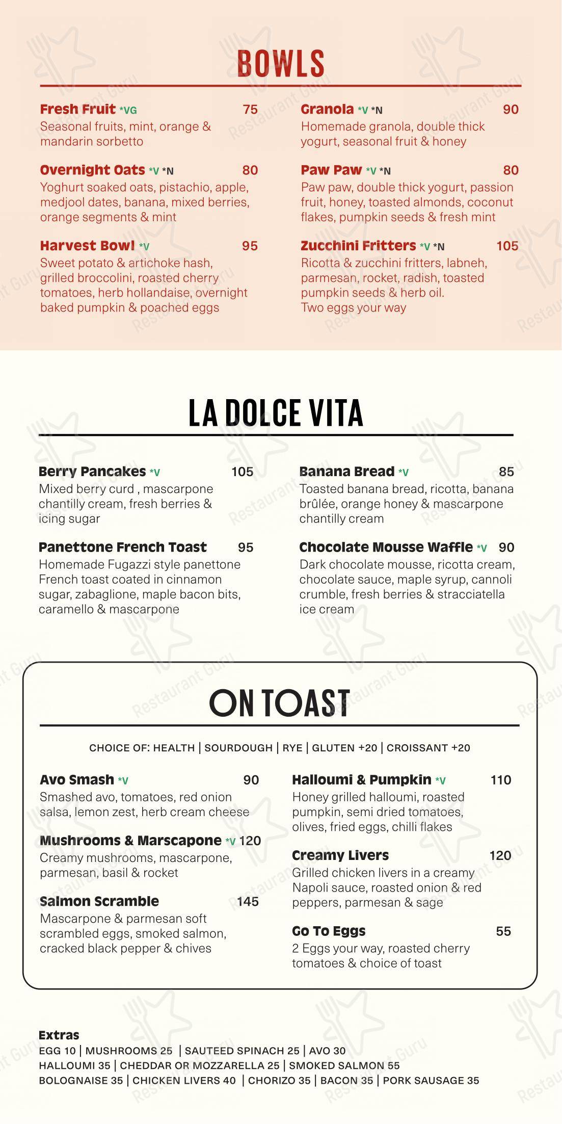Menu at Fugazzi SA restaurant, Johannesburg