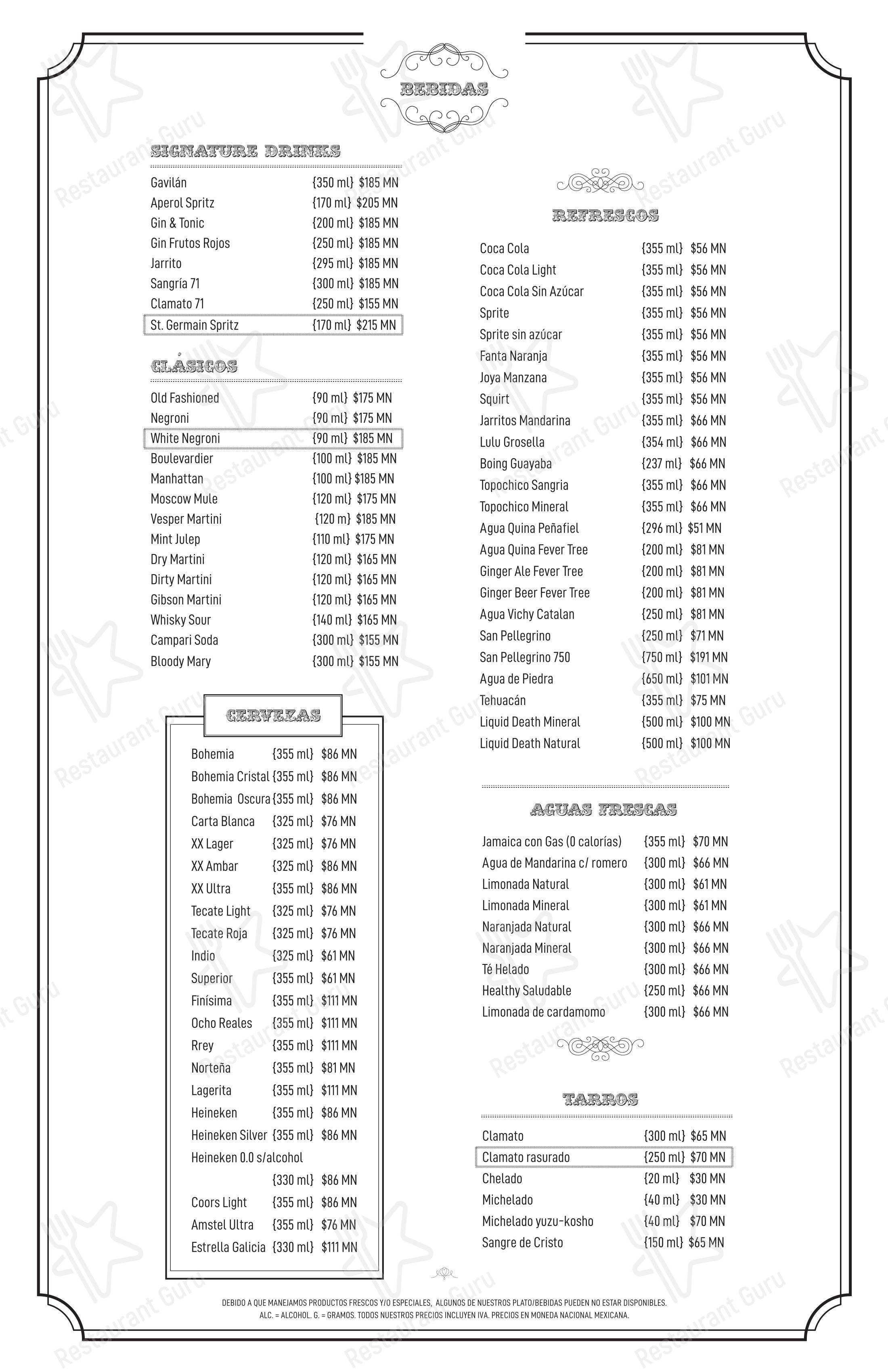 Carta del restaurante Gallo 71, San Pedro Garza García, Av. José ...