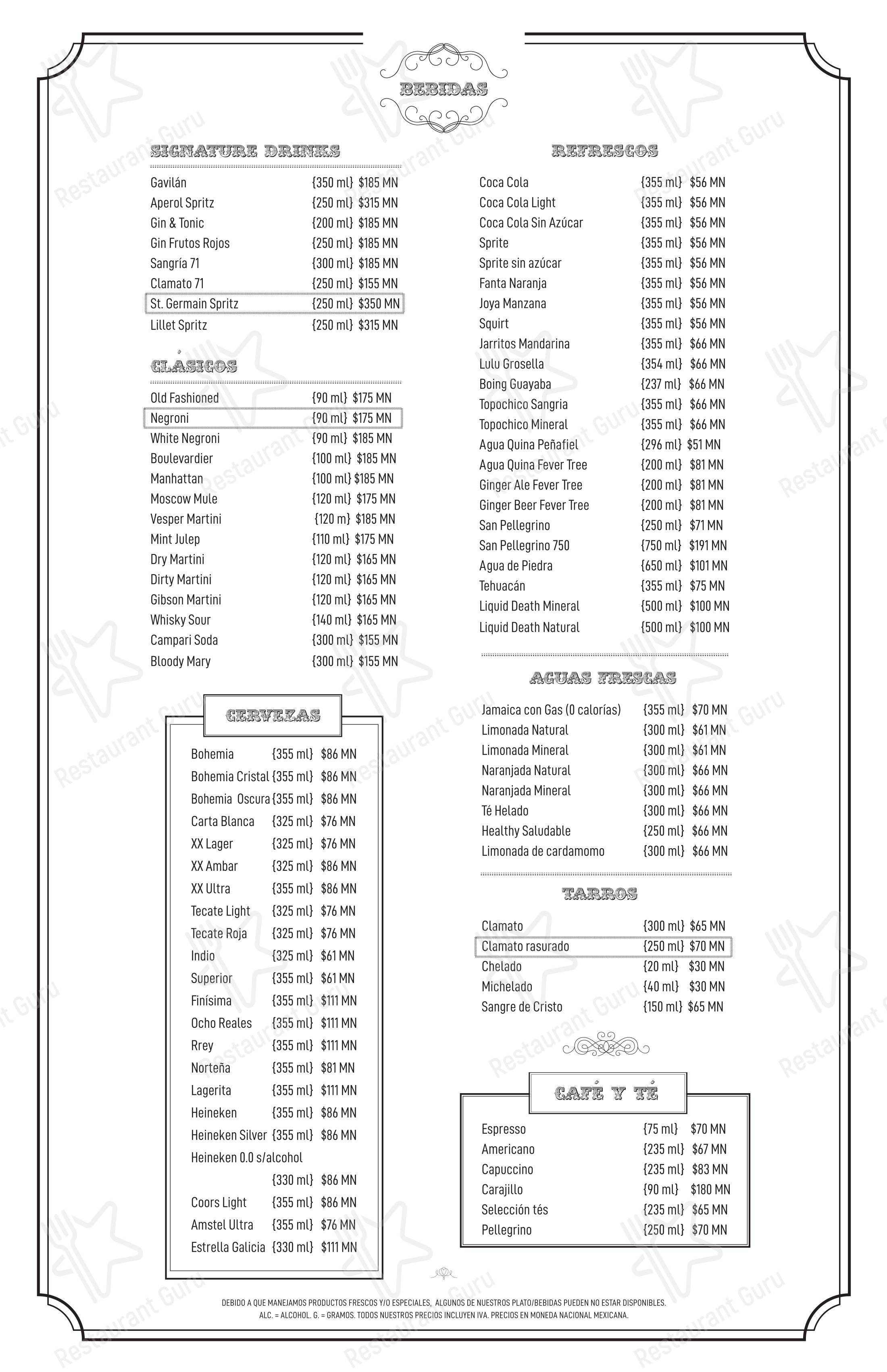Carta del restaurante Gallo 71, San Pedro Garza García, Av. José ...