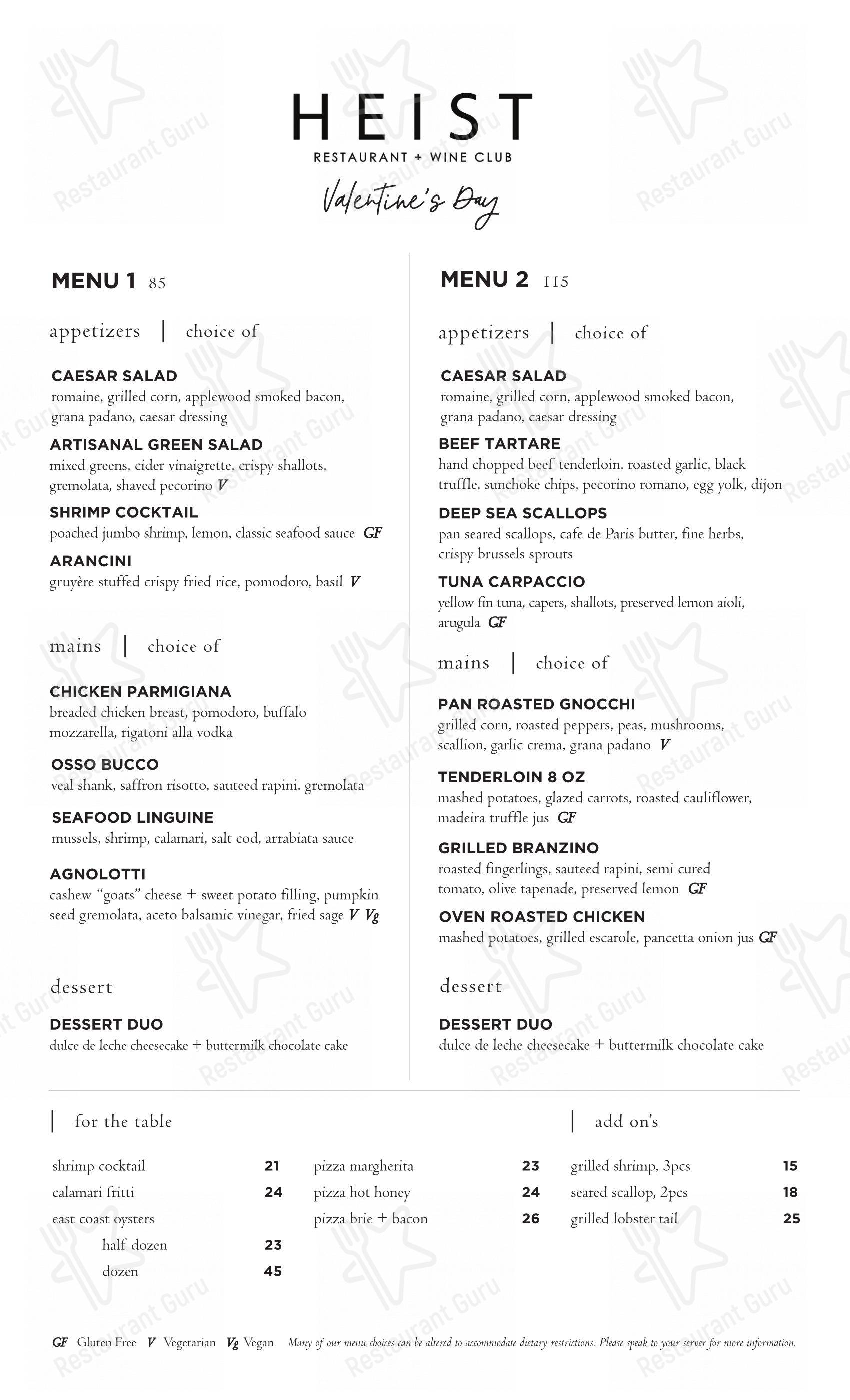 Menu at HEIST Restaurant + Wine Club, Kingston