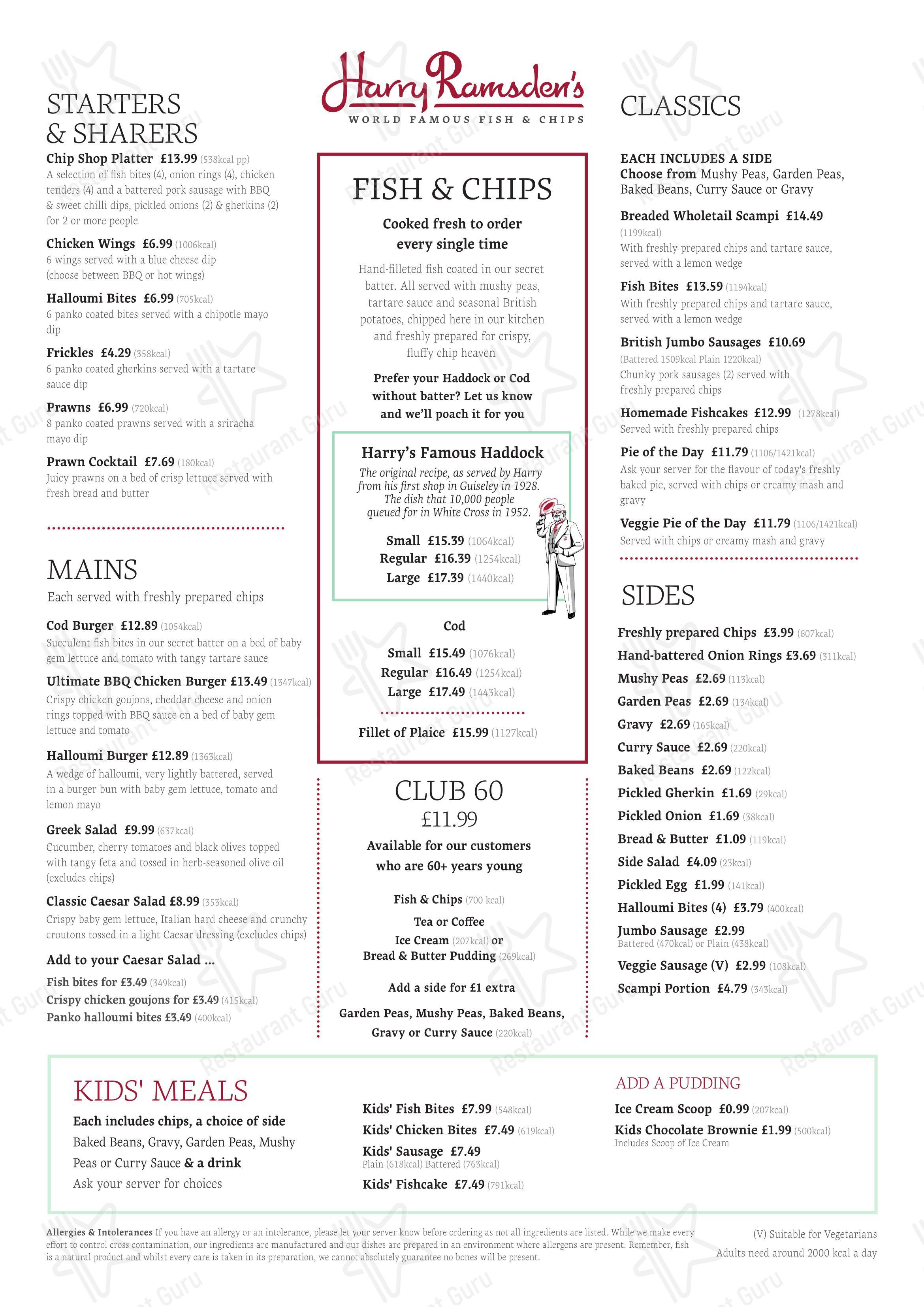 Menu at Harry Ramsden's restaurant, Bournemouth