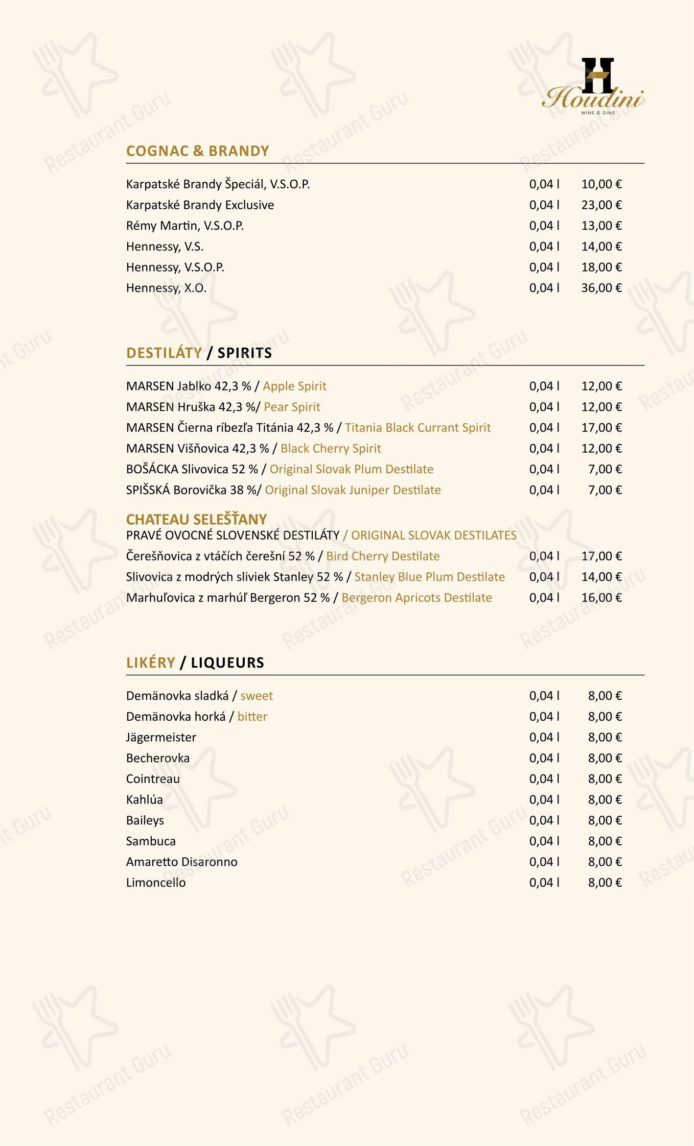 Menu at Houdini Restaurant, Bratislava