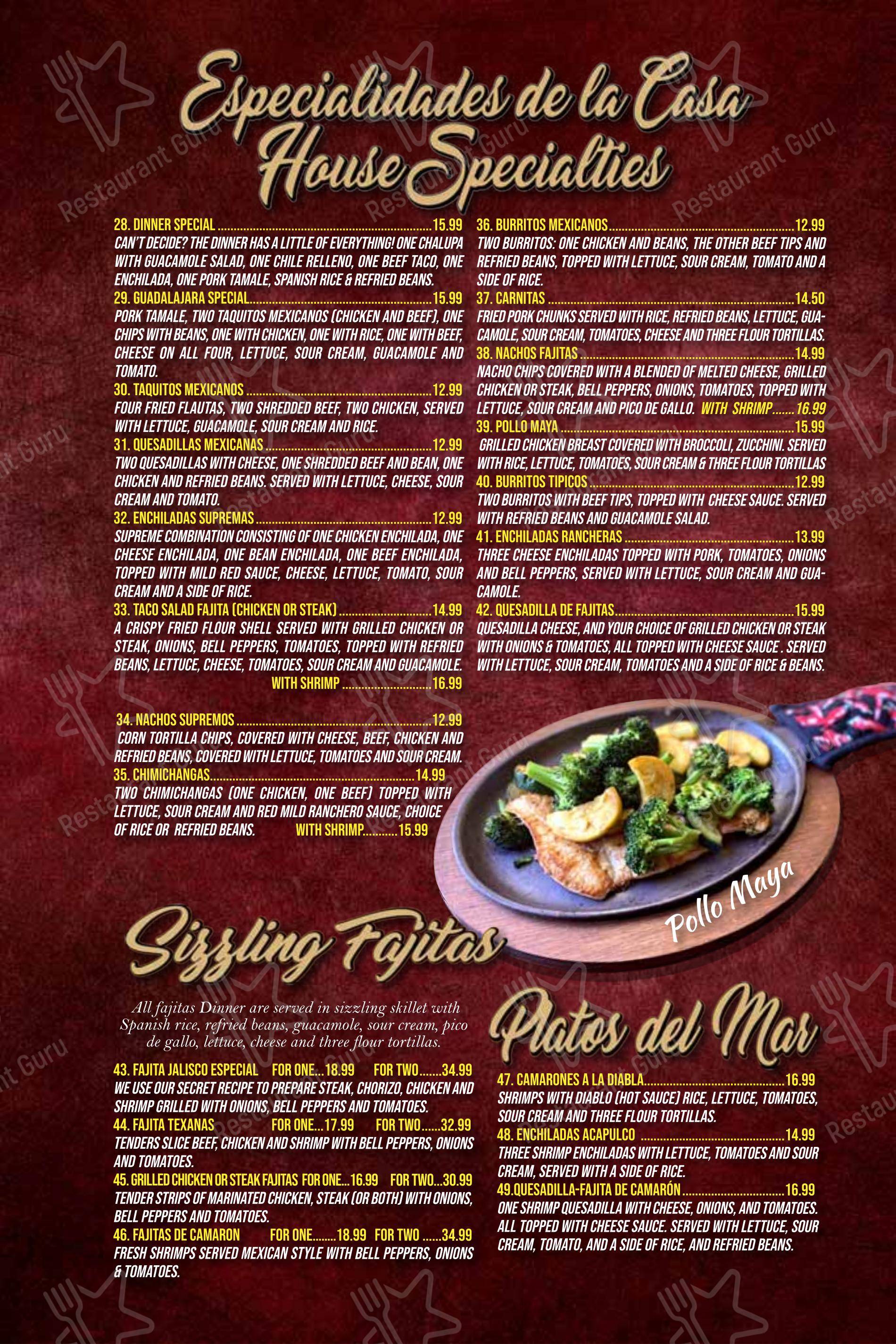 Menu at Jalisco's restaurant, Salem