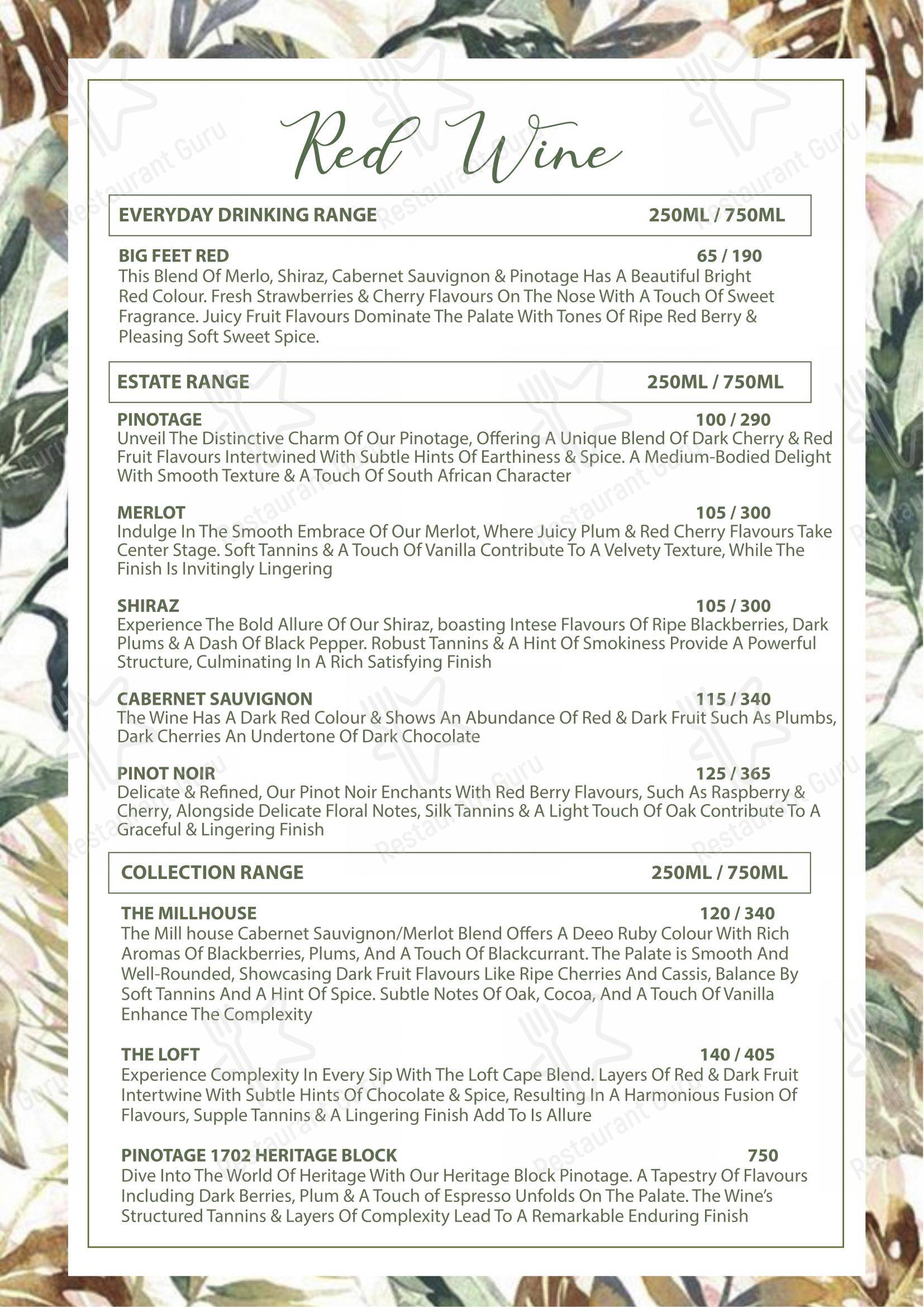 Menu at La Romantica restaurant, Cape Town, Meerendal Wine Estate