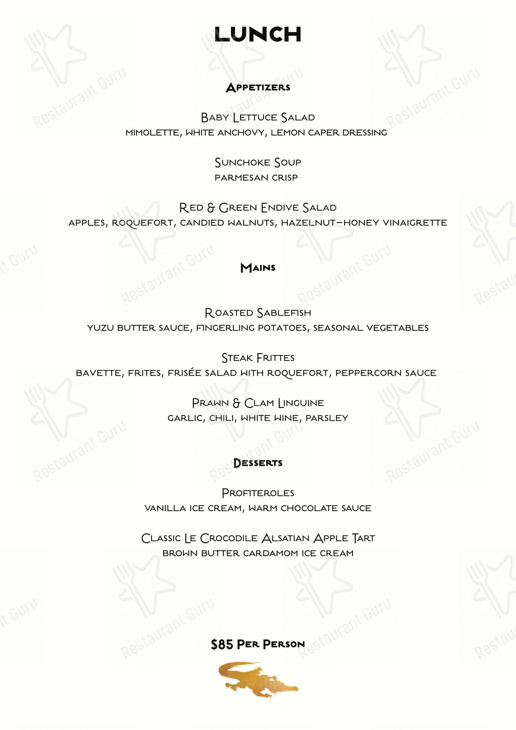 Menu at Le Crocodile by Rob Feenie restaurant, Vancouver