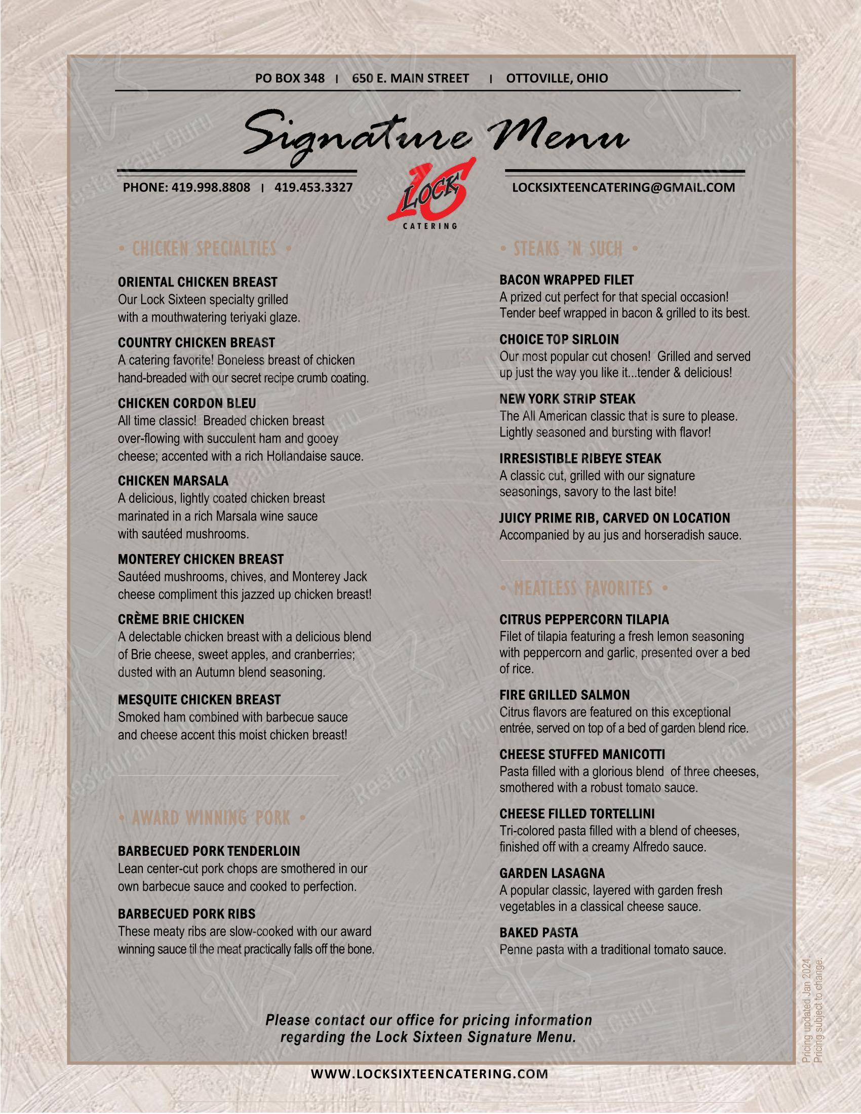 Menu at Lock Sixteen Steakhouse, Lima, 706 N Cable Rd