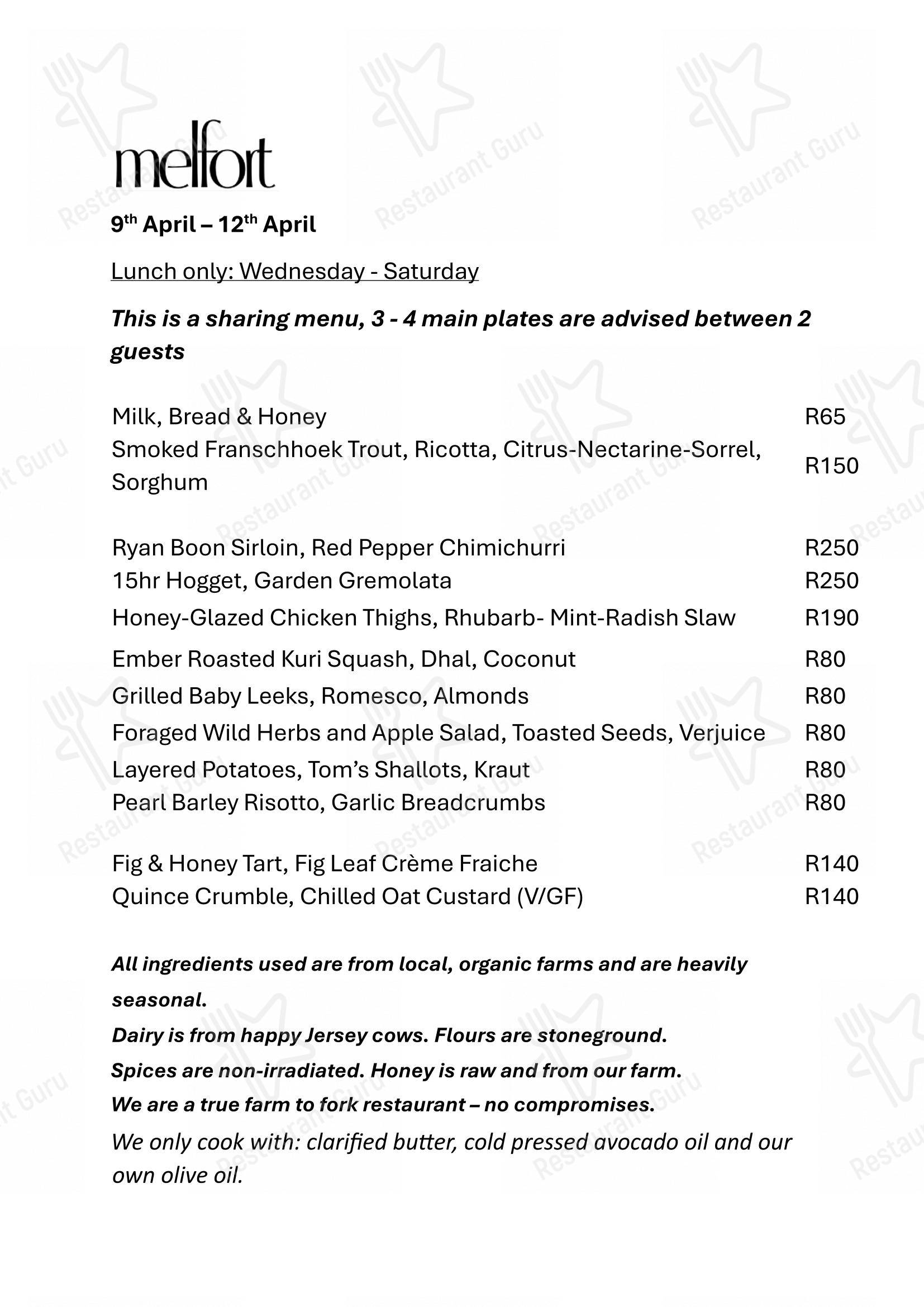 Menu at Melfort Restaurant, Cape Town