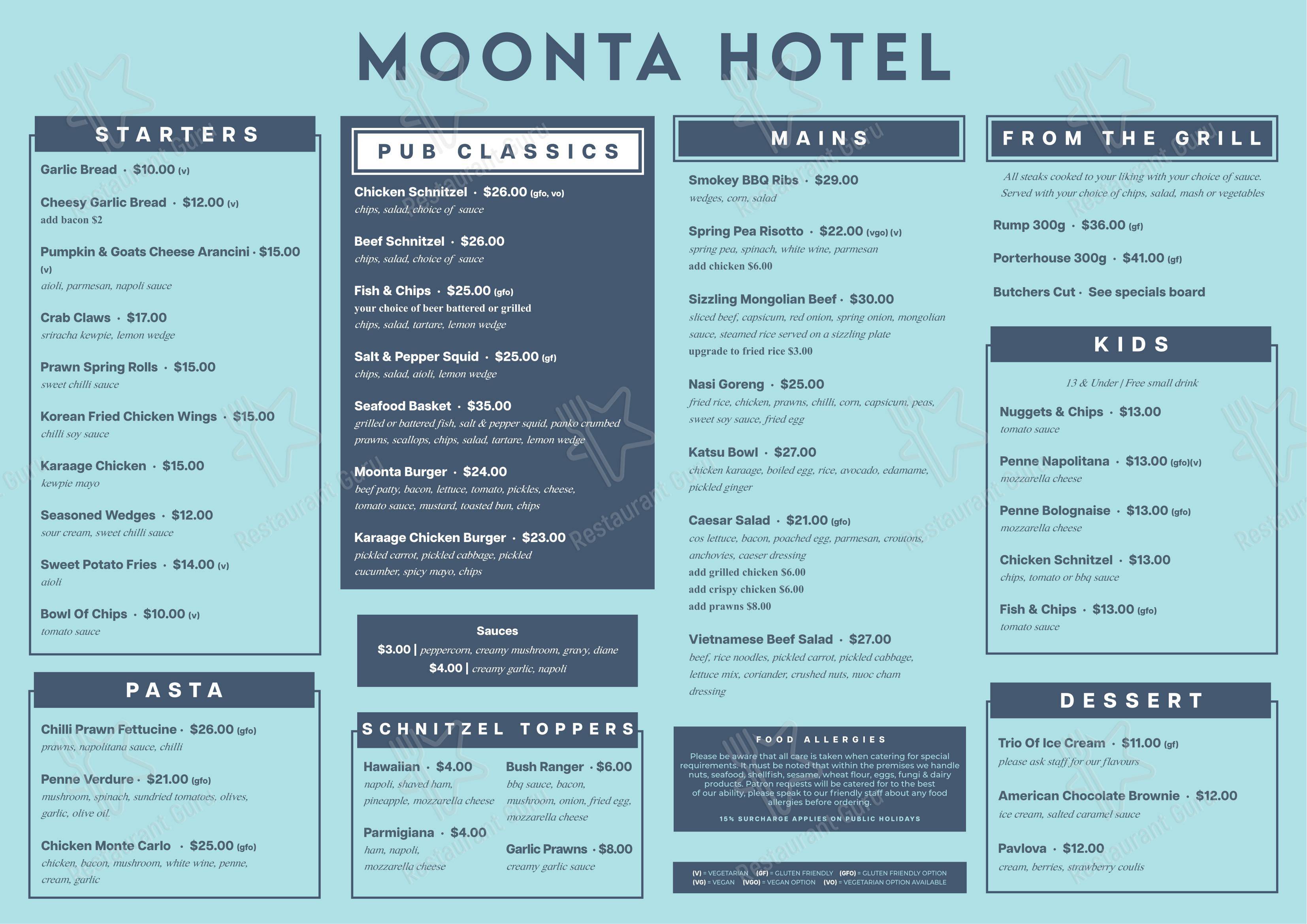 Menu at Moonta Hotel pub & bar, Moonta