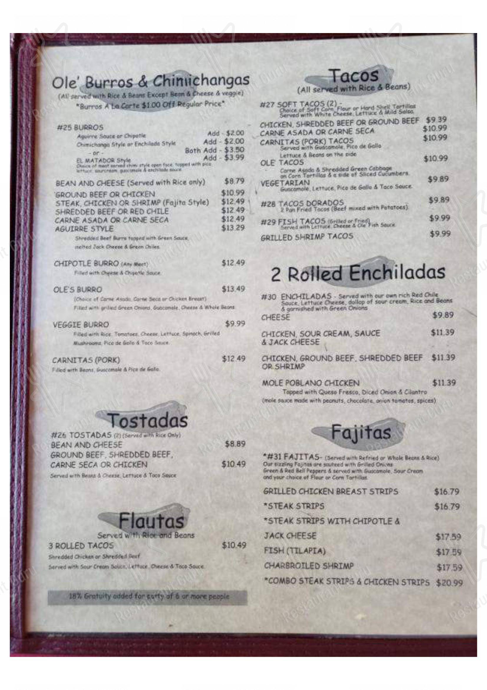 Menu at Ole' Mexican Grill restaurant, Tucson