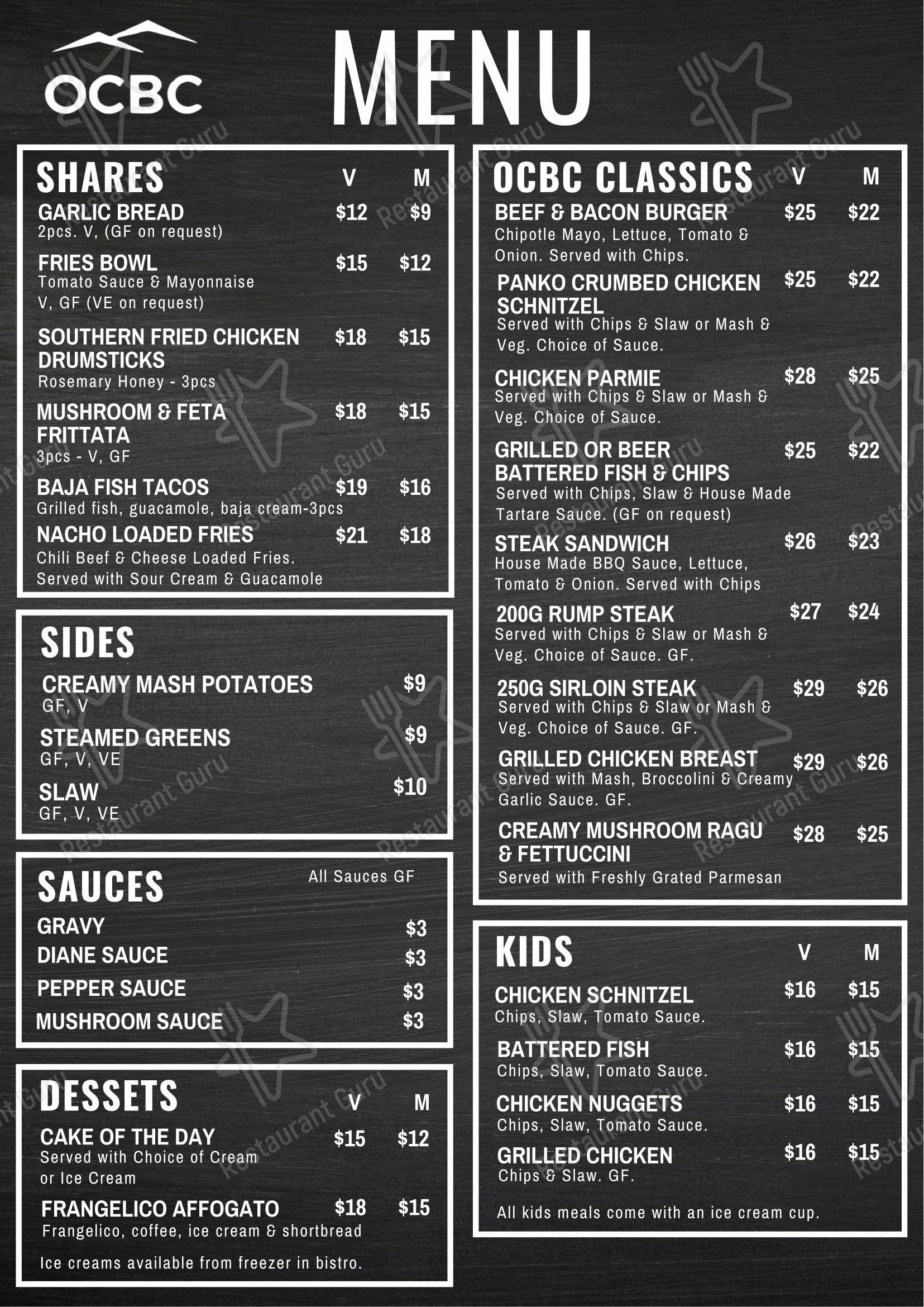 Menu at Orange City Bowling Club, Orange