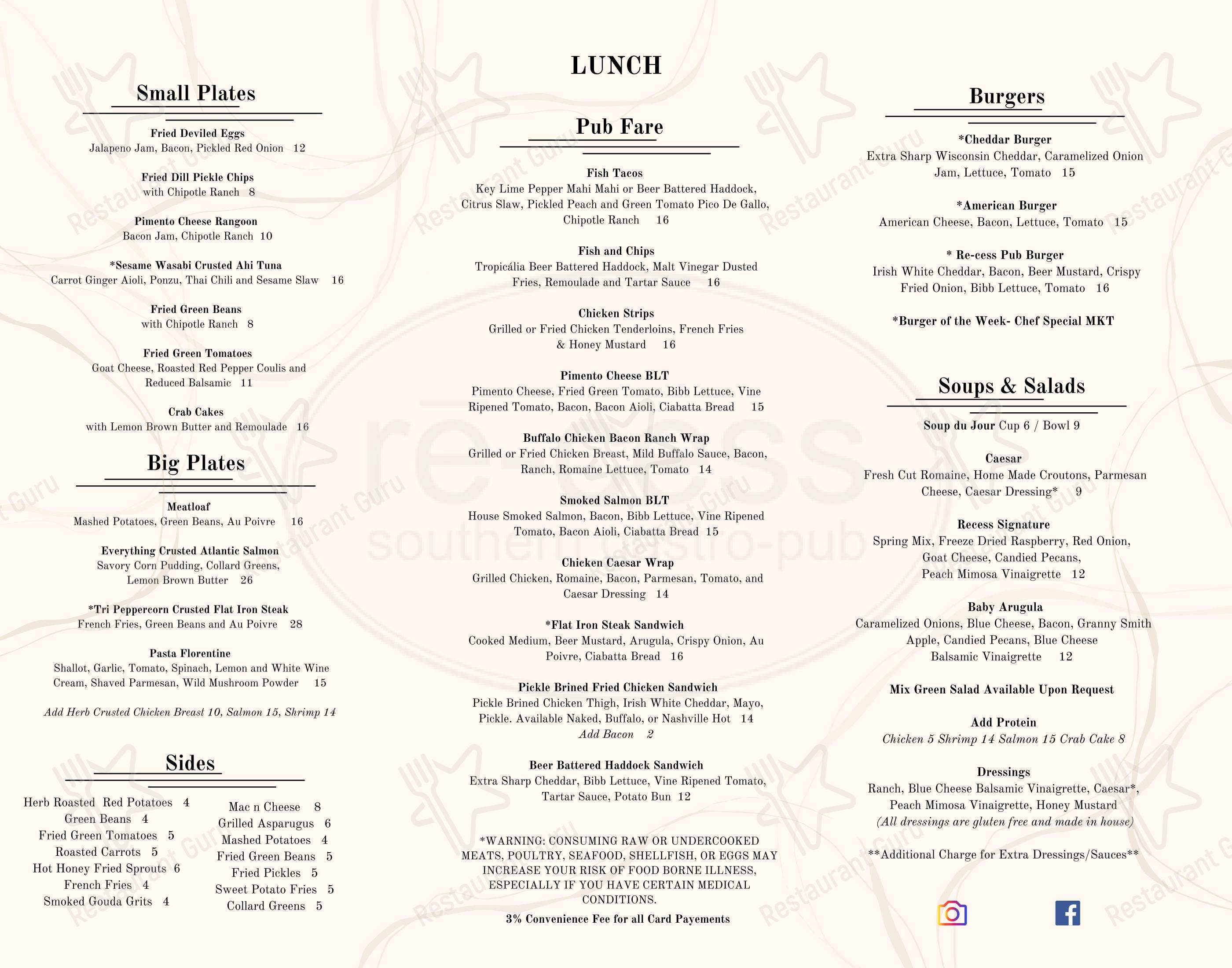 Menu at Recess Southern Gastro-pub, Gainesville