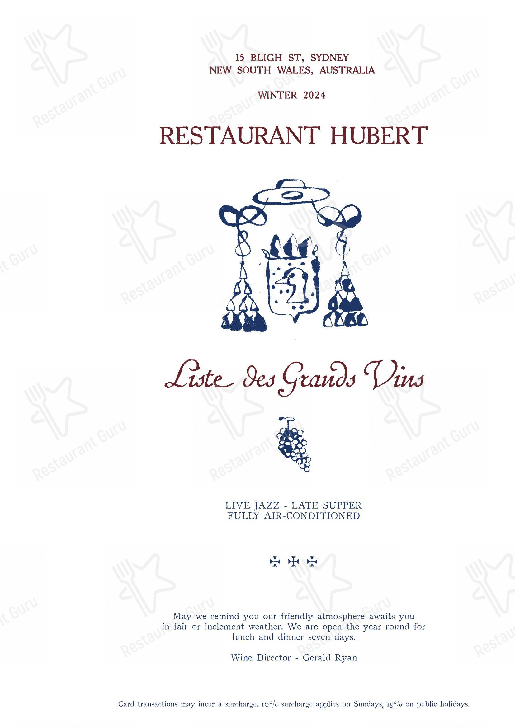 Menu at Restaurant Hubert, Sydney
