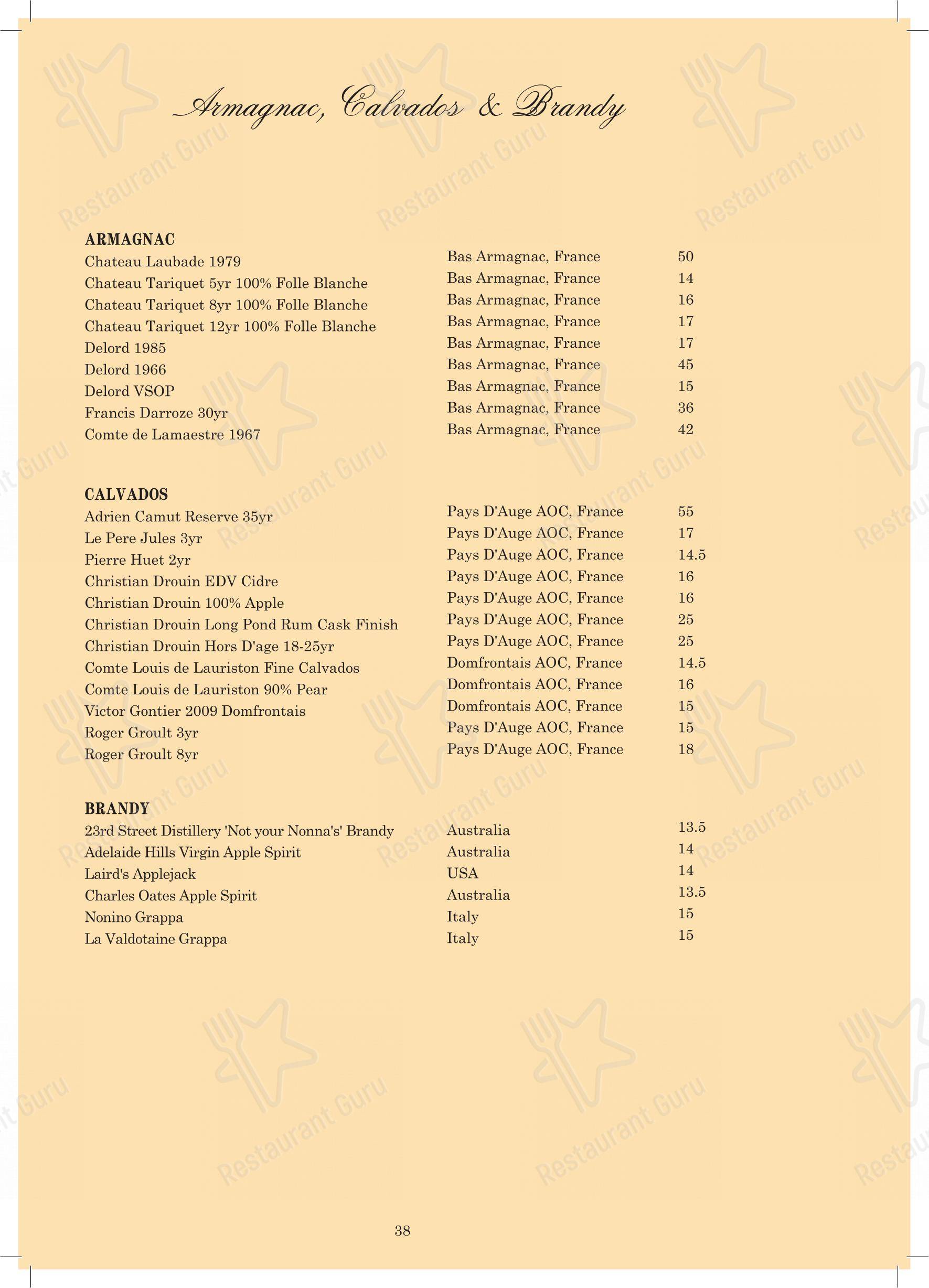 Menu at Restaurant Hubert, Sydney