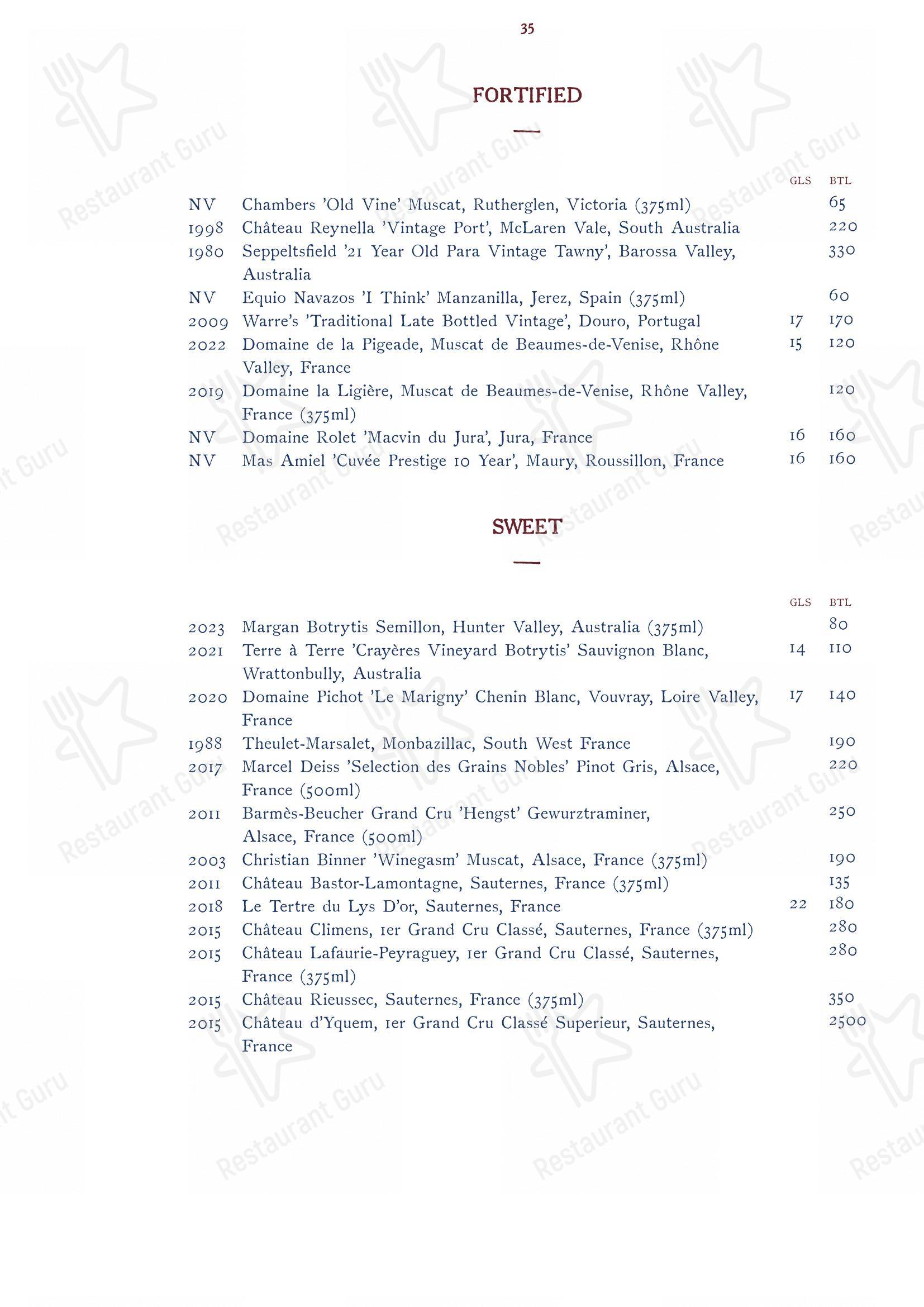 Menu at Restaurant Hubert, Sydney