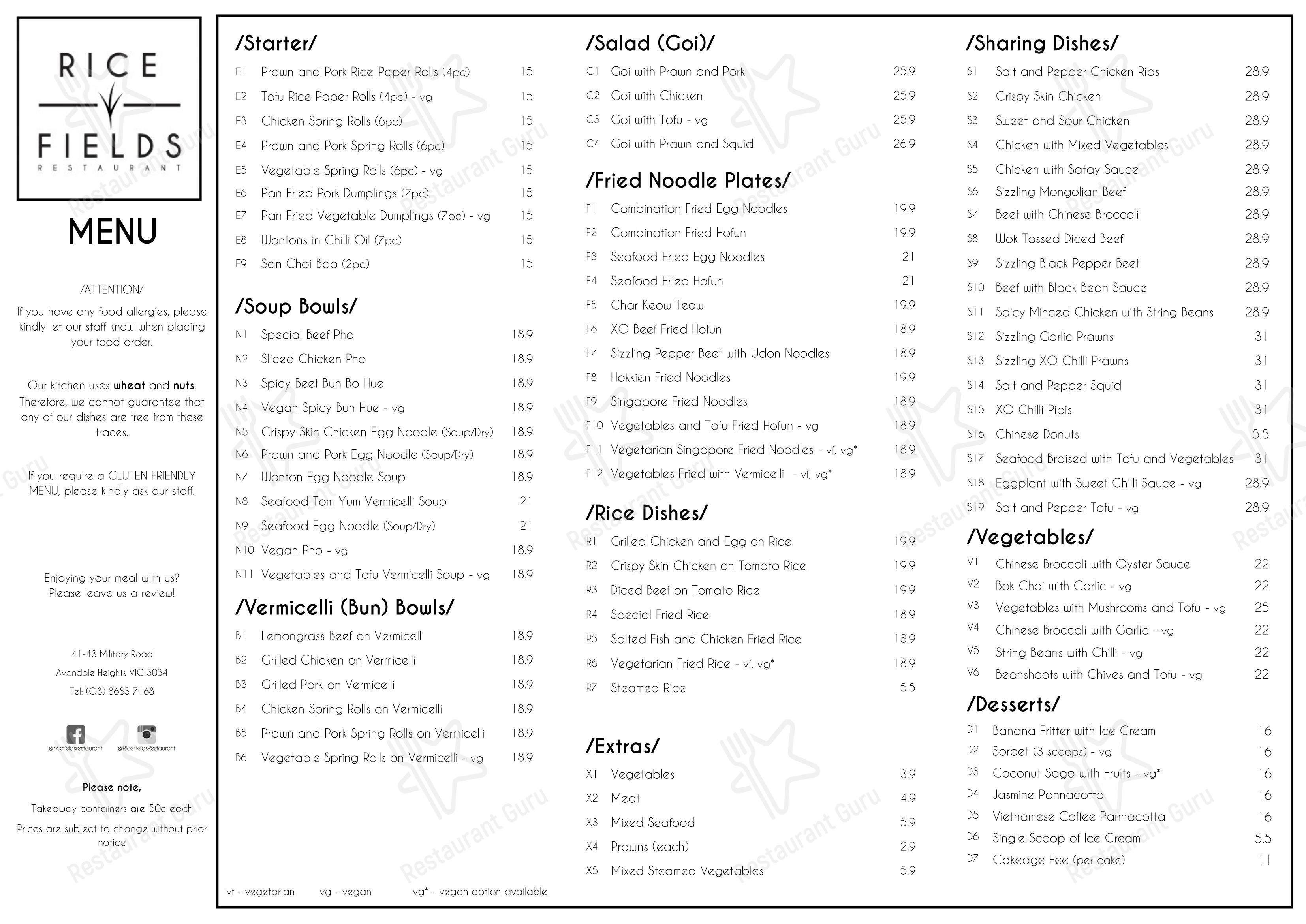 Menu at Rice Fields Restaurant, Avondale Heights