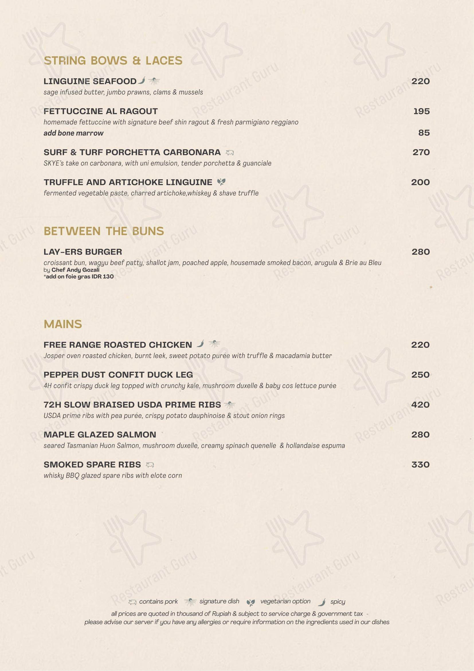 Menu at SKYE Rooftop Dining & Lounge restaurant, Jakarta