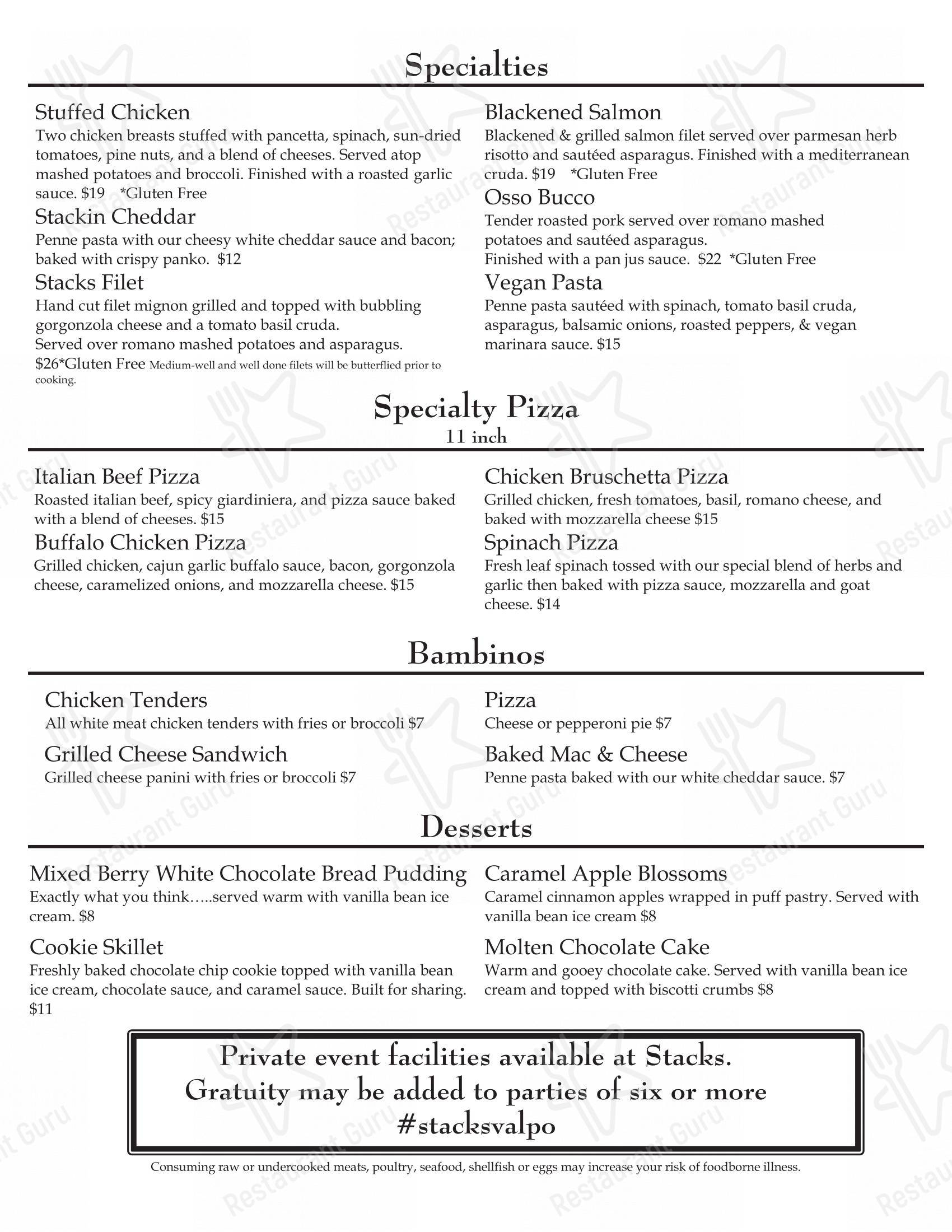 Menu at Stacks Bar and Grill, Valparaiso