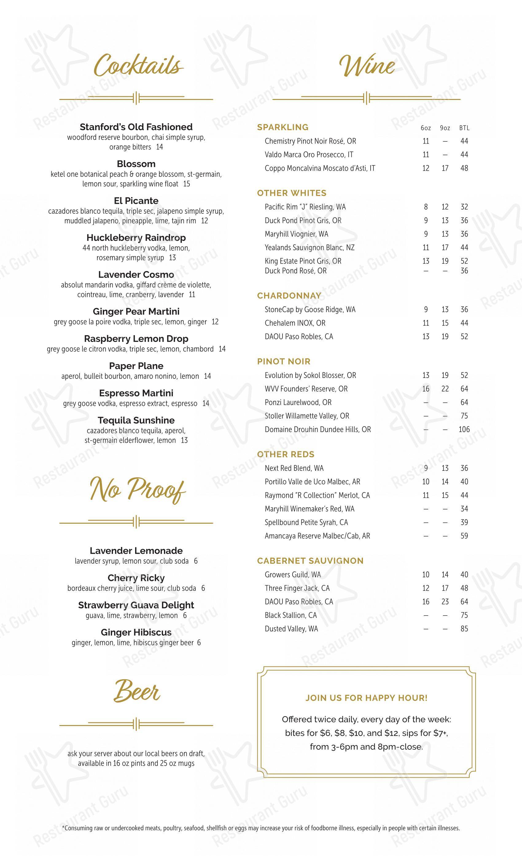 Menu at Stanford's Tanasbourne steakhouse, Hillsboro