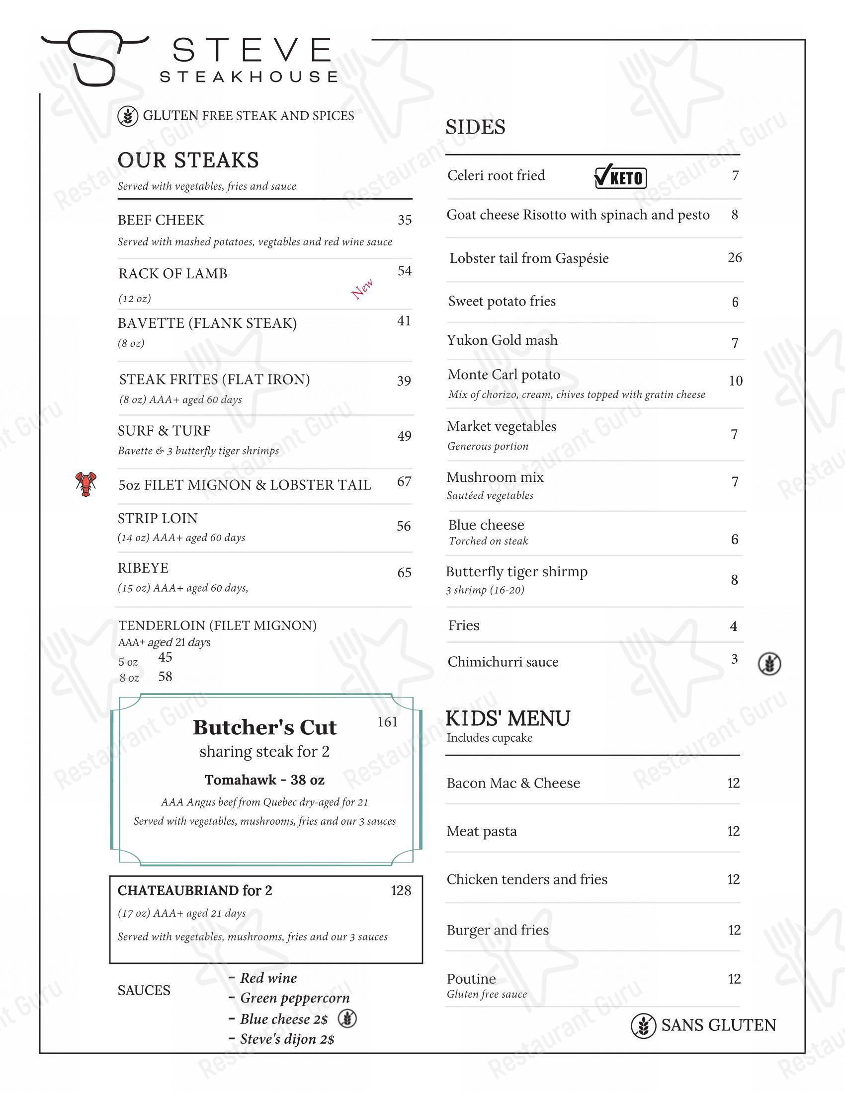Menu au Steve Steakhouse, Saint-Jean-sur-Richelieu