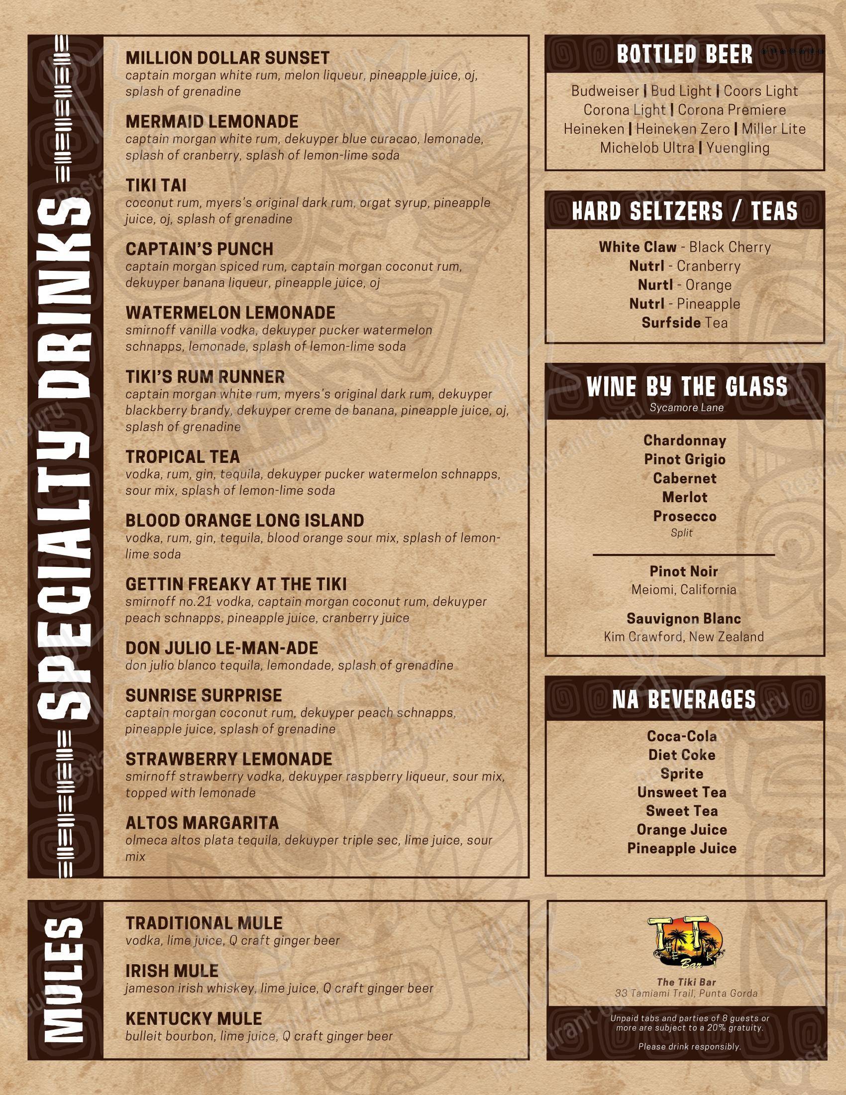 Menu at TT's Tiki Bar, Punta Gorda