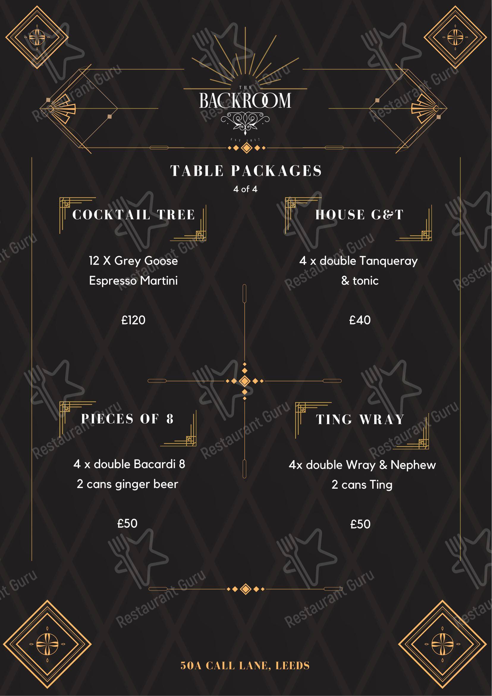 Menu at The Backroom pub & bar, Leeds, 50a Call Ln