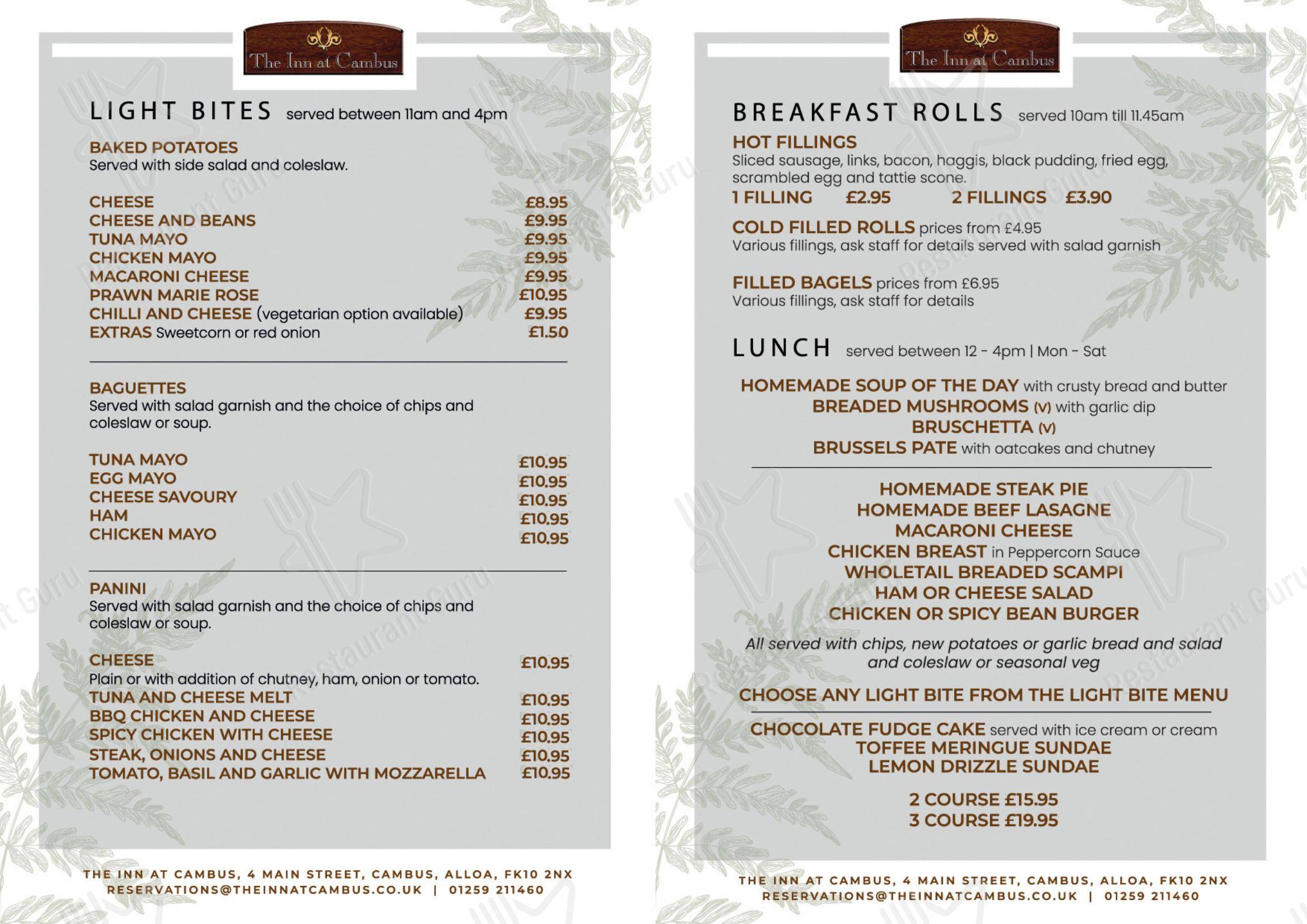 Menu at The Inn At Cambus restaurant, Cambus
