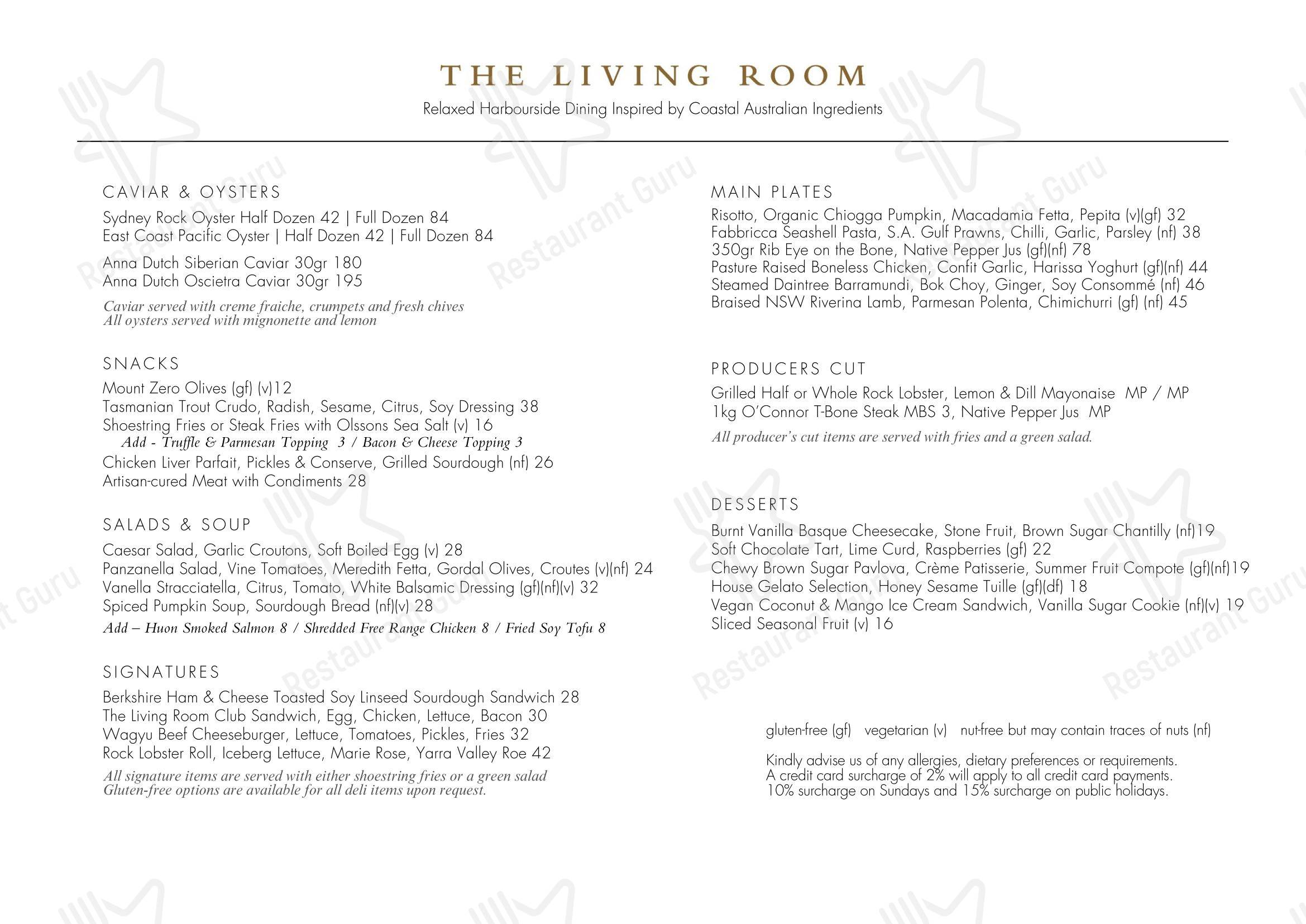 Menu at The Living Room restaurant, The Rocks, Park Hyatt Sydney