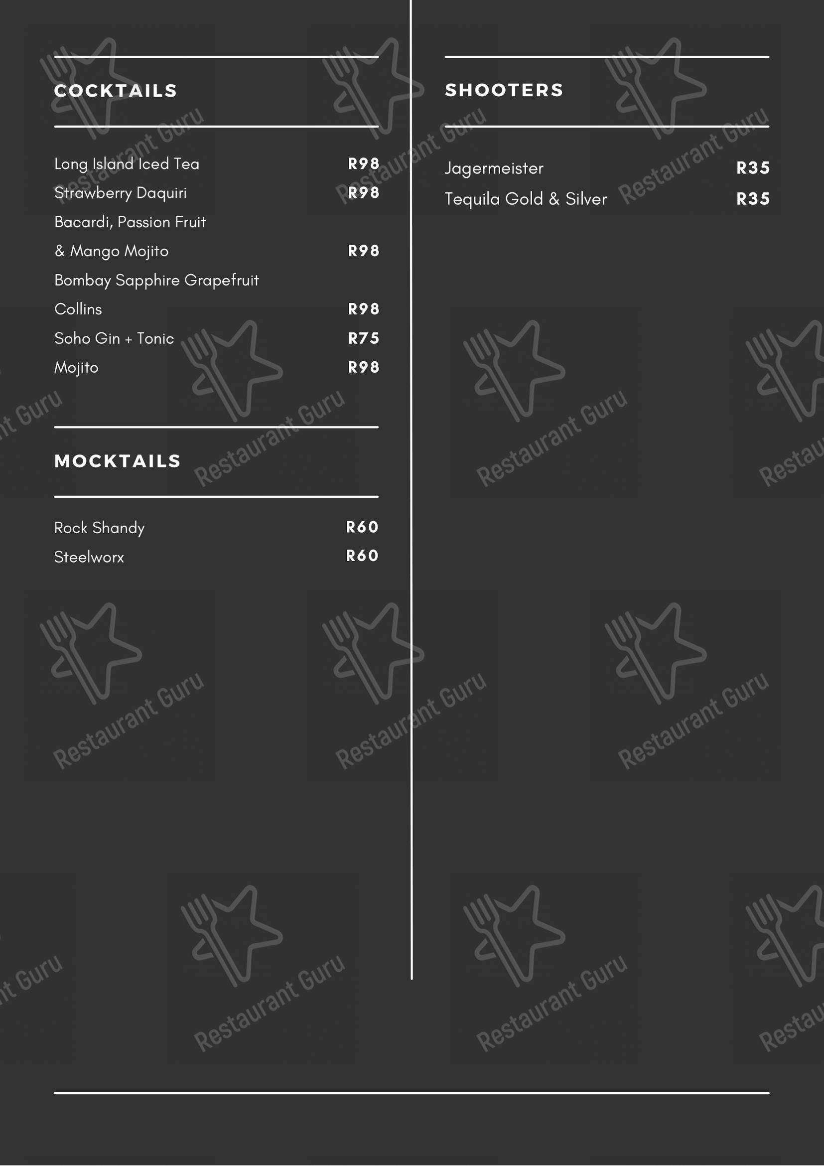 Menu at The Lookout Deck, Cableway pub & bar, Hartbeespoort
