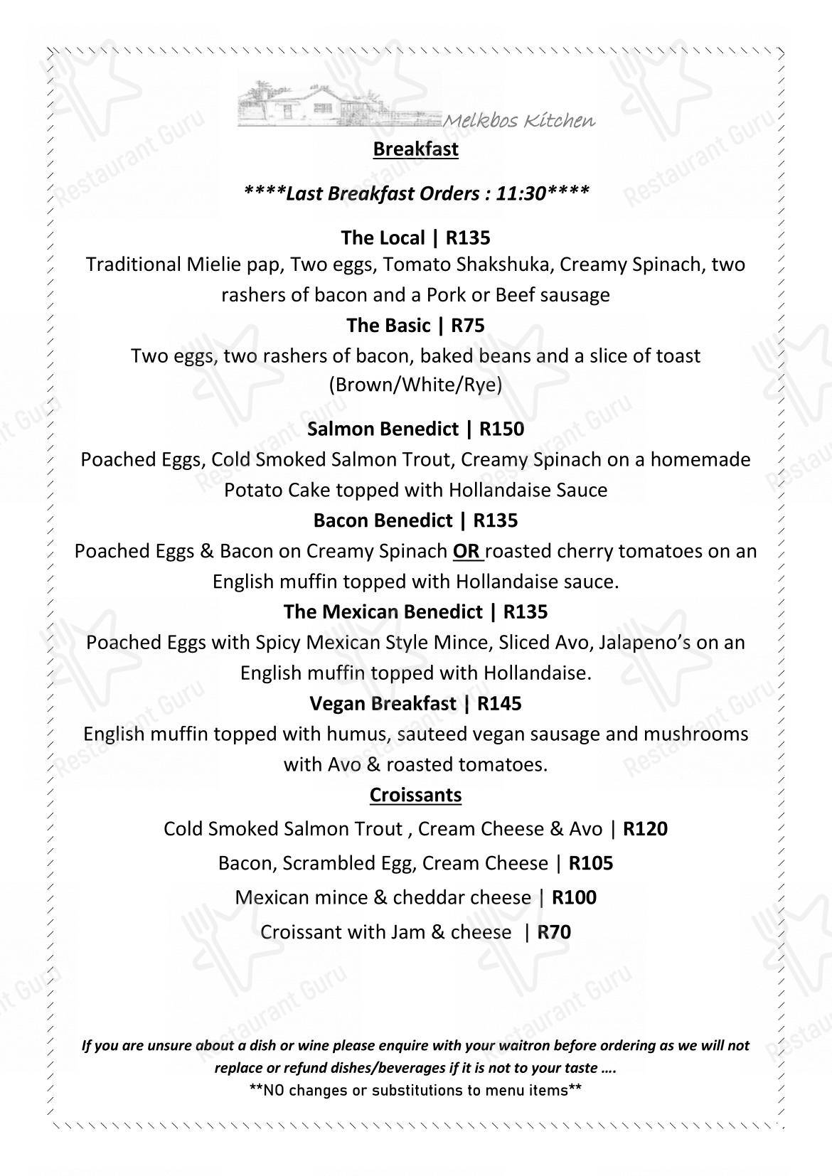 Menu at The Melkbos Kitchen restaurant, Cape Town
