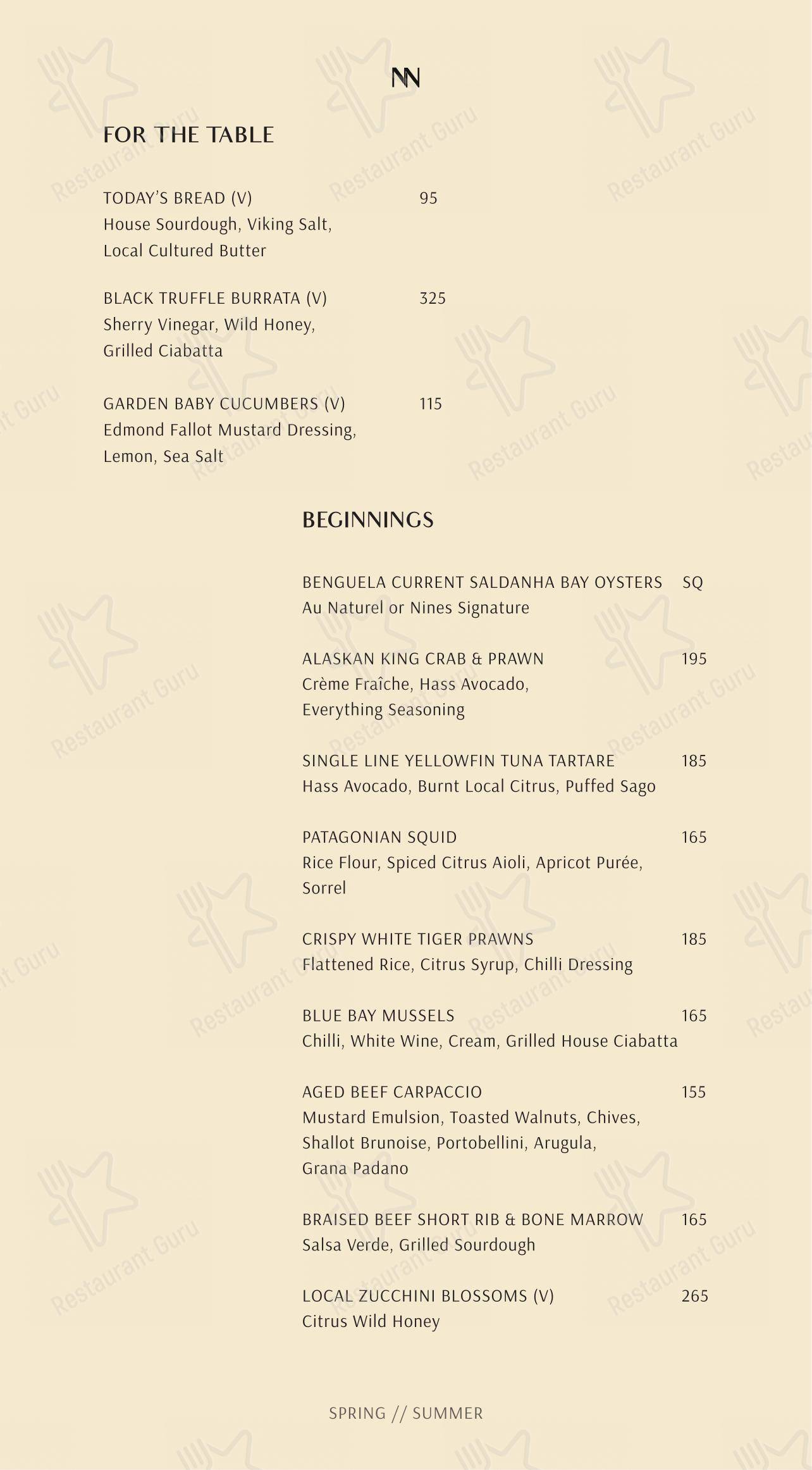 Menu at The Nines restaurant, Cape Town