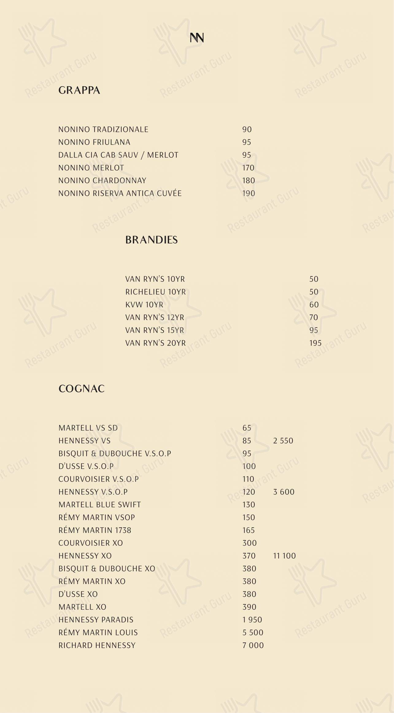 Menu at The Nines restaurant, Cape Town